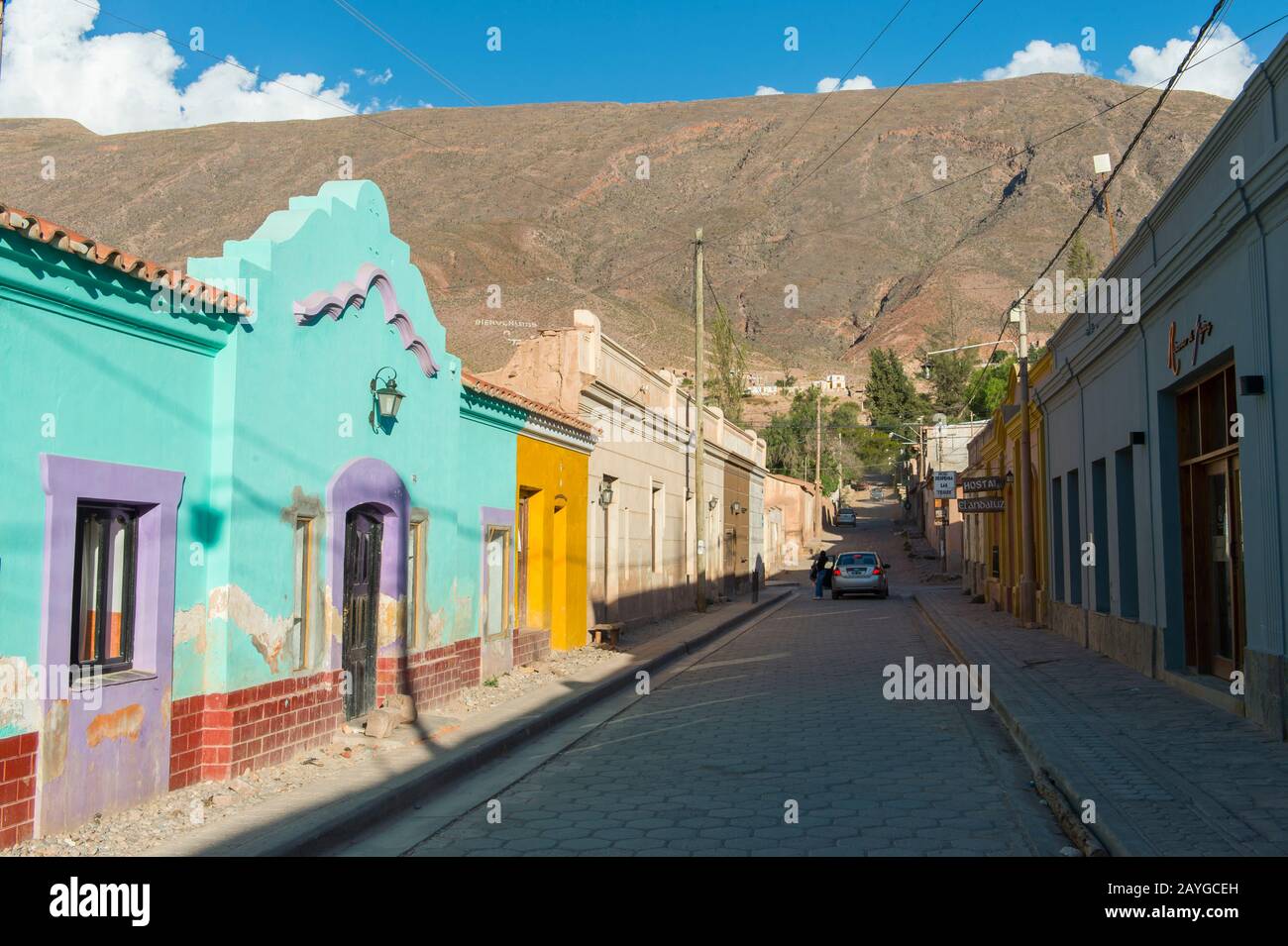 Street scene with colorful painted house in the town of Tilcara in the ...