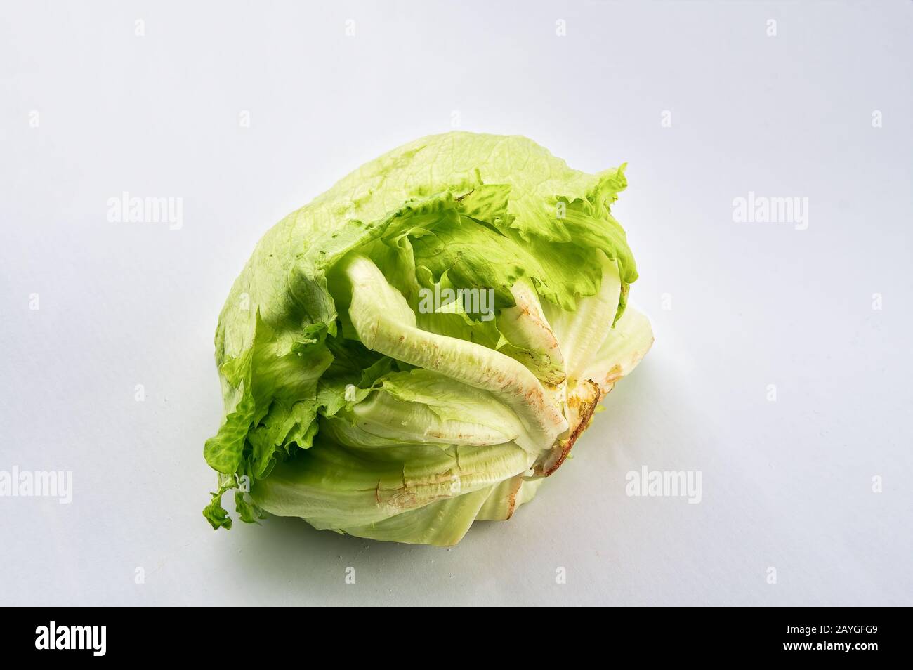 View of a half cut open Iceberg letttce on a white background Stock ...