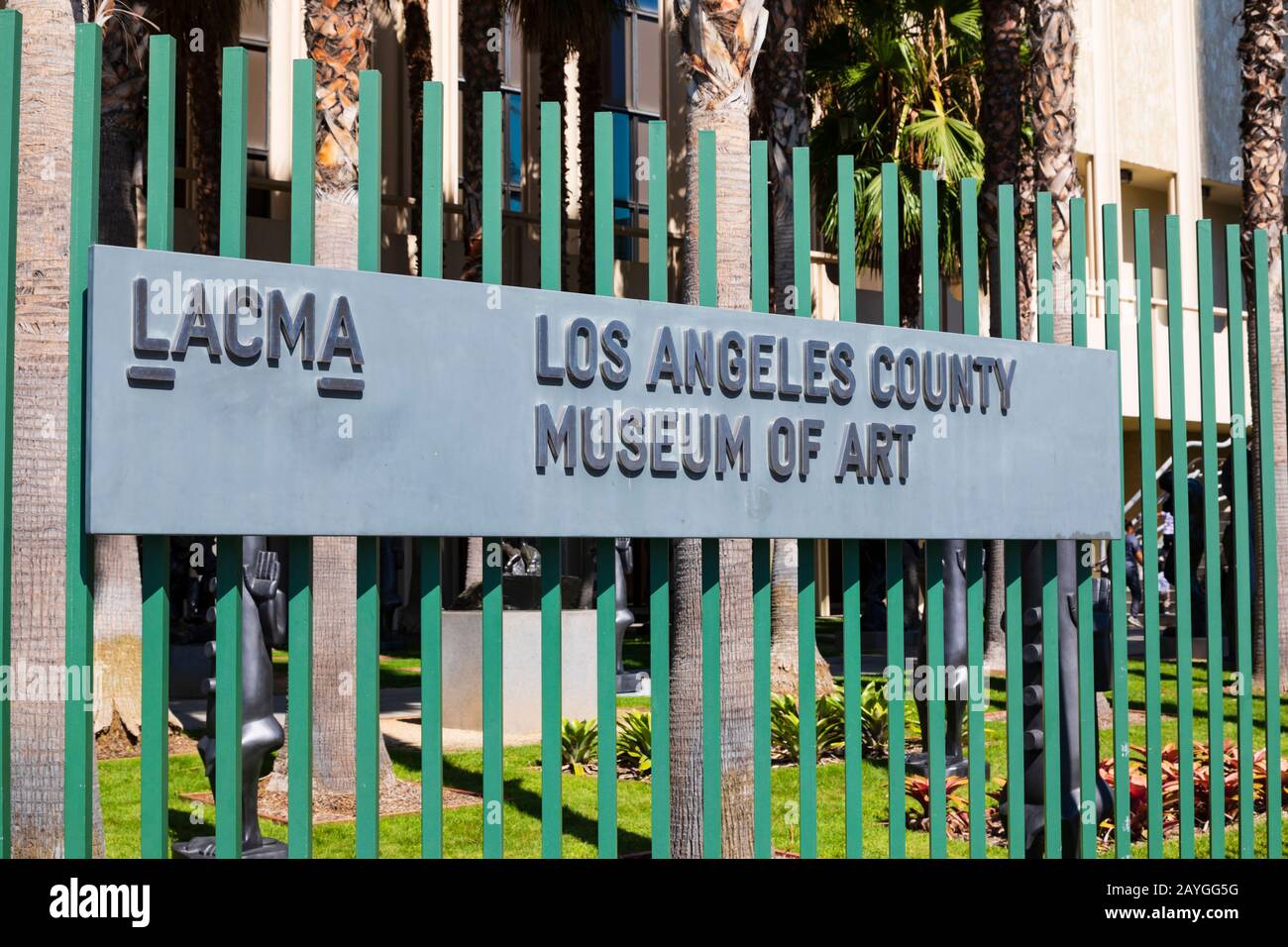 Los Angeles County Museum of Art sign on a green fence, LACMA, Wilshire ...