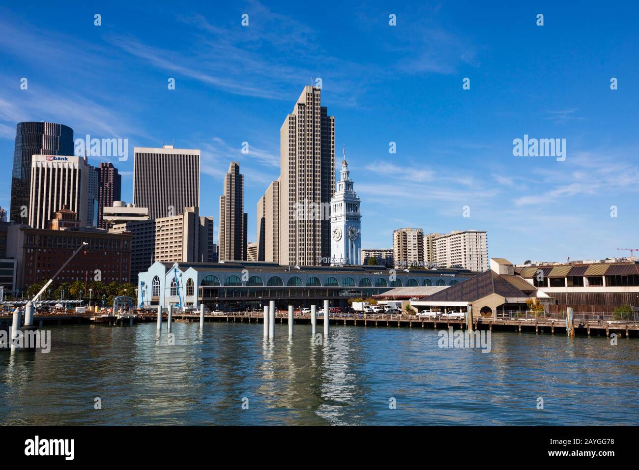 The Port of San Francisco ferry terminal with skyscrapers behind ...