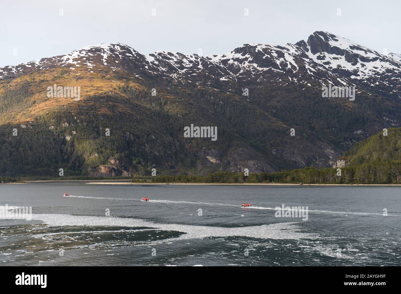 Zodiacs with tourists navigating the brash ice from the Condor Glacier ...