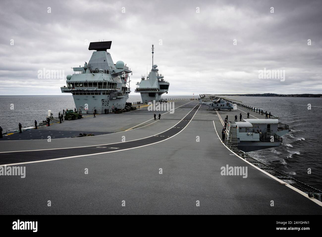 Royal Navy aircraft carrier HMS QUEEN ELIZABETH at sea off Nova Scotia ...