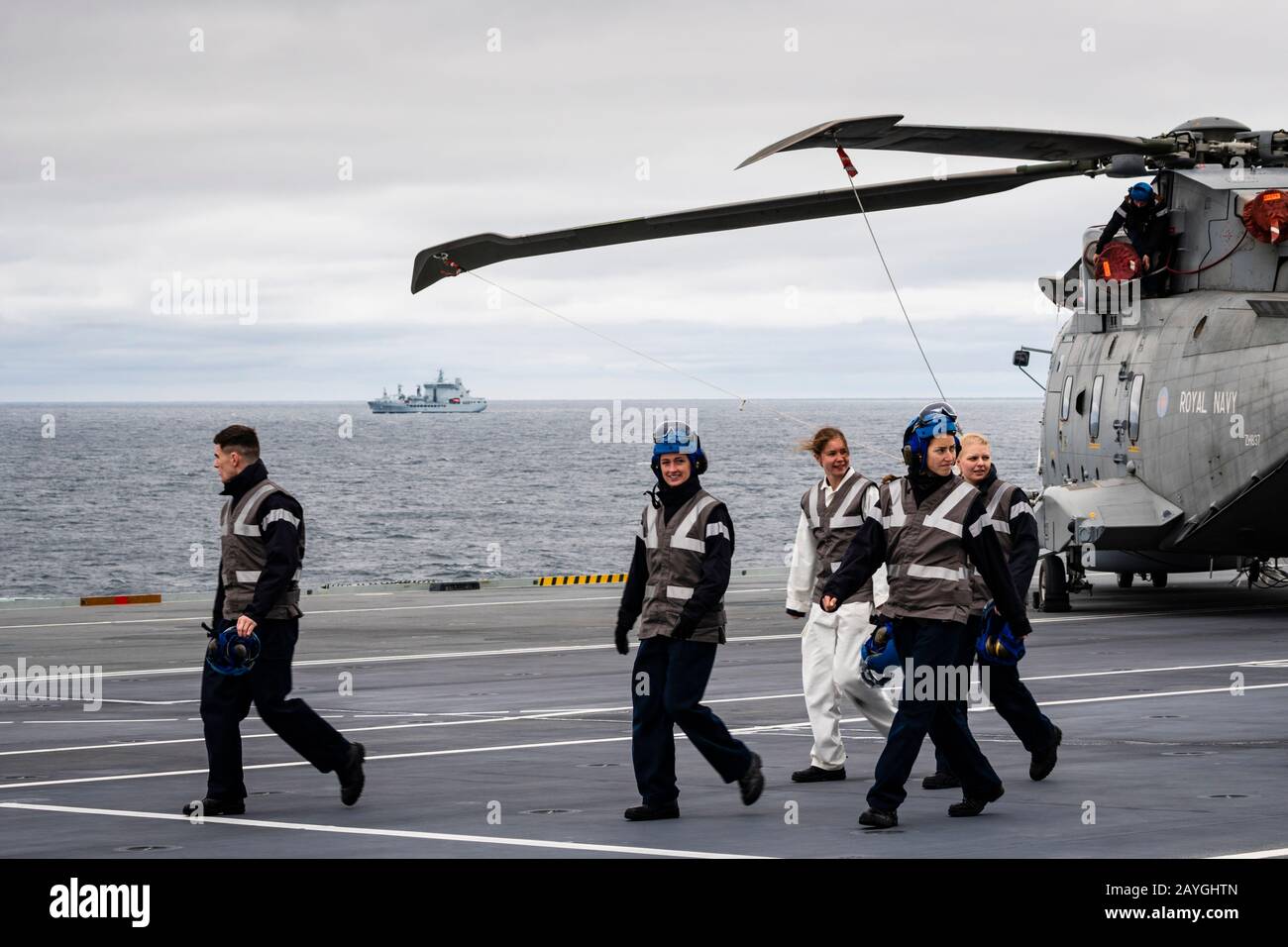 Royal Navy aircraft carrier HMS QUEEN ELIZABETH at sea off Nova Scotia ...