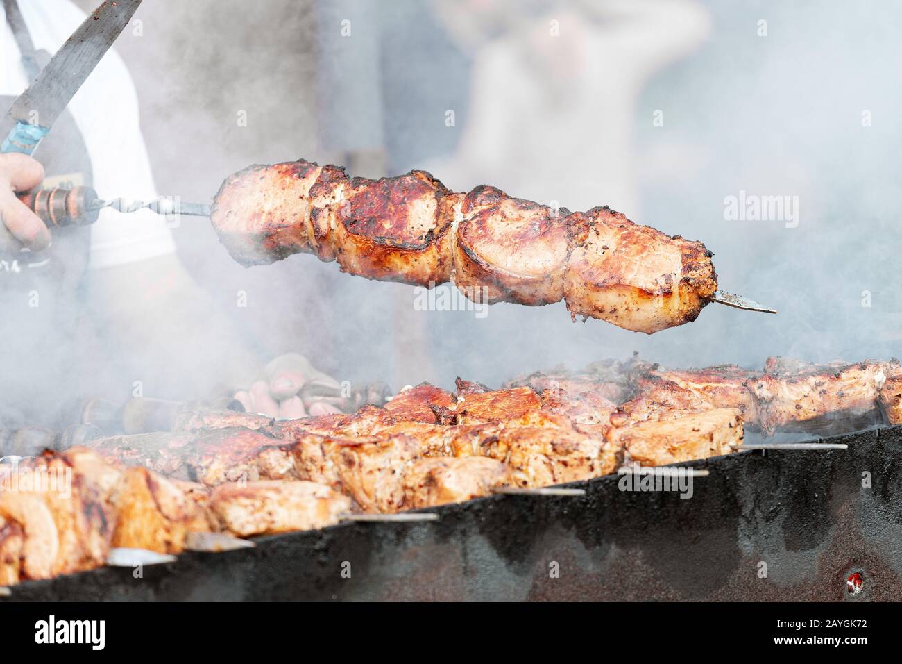 Cooking meat slices shish kebab on fire Stock Photo - Alamy