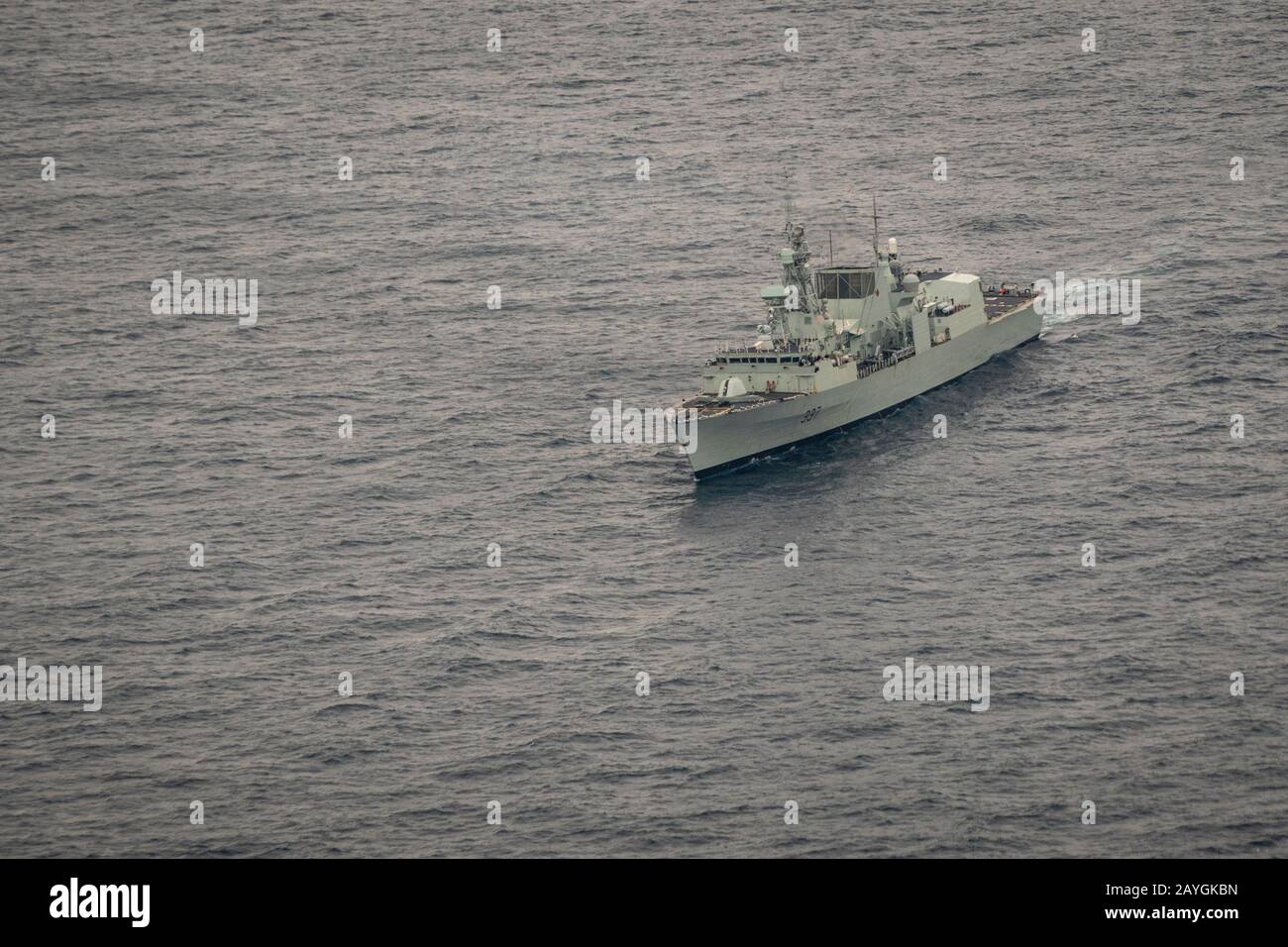 Aerial view of Halifax-class frigate HMCS FREDERICTON at sea off ...