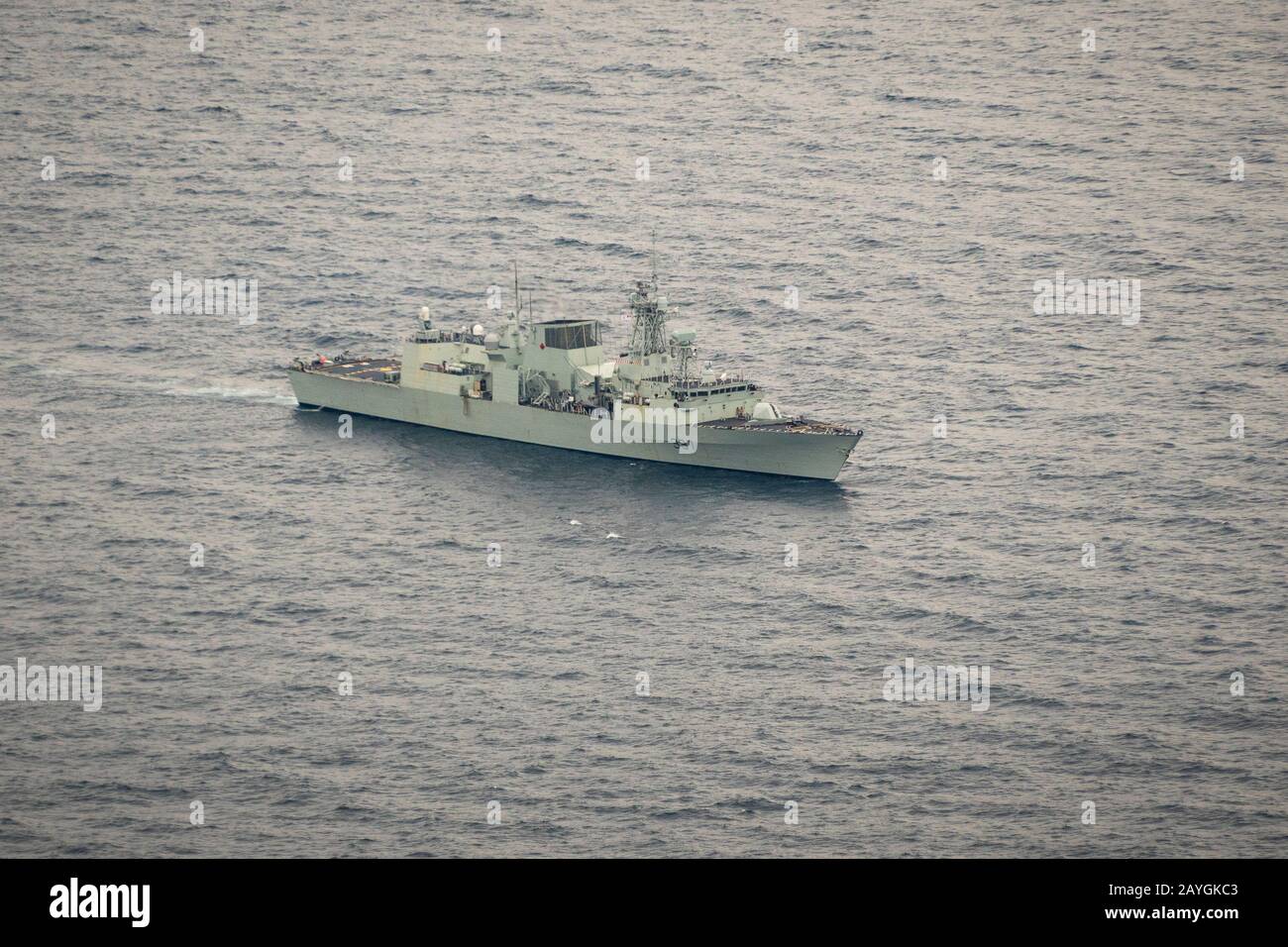 Aerial view of Halifax-class frigate HMCS FREDERICTON at sea off ...