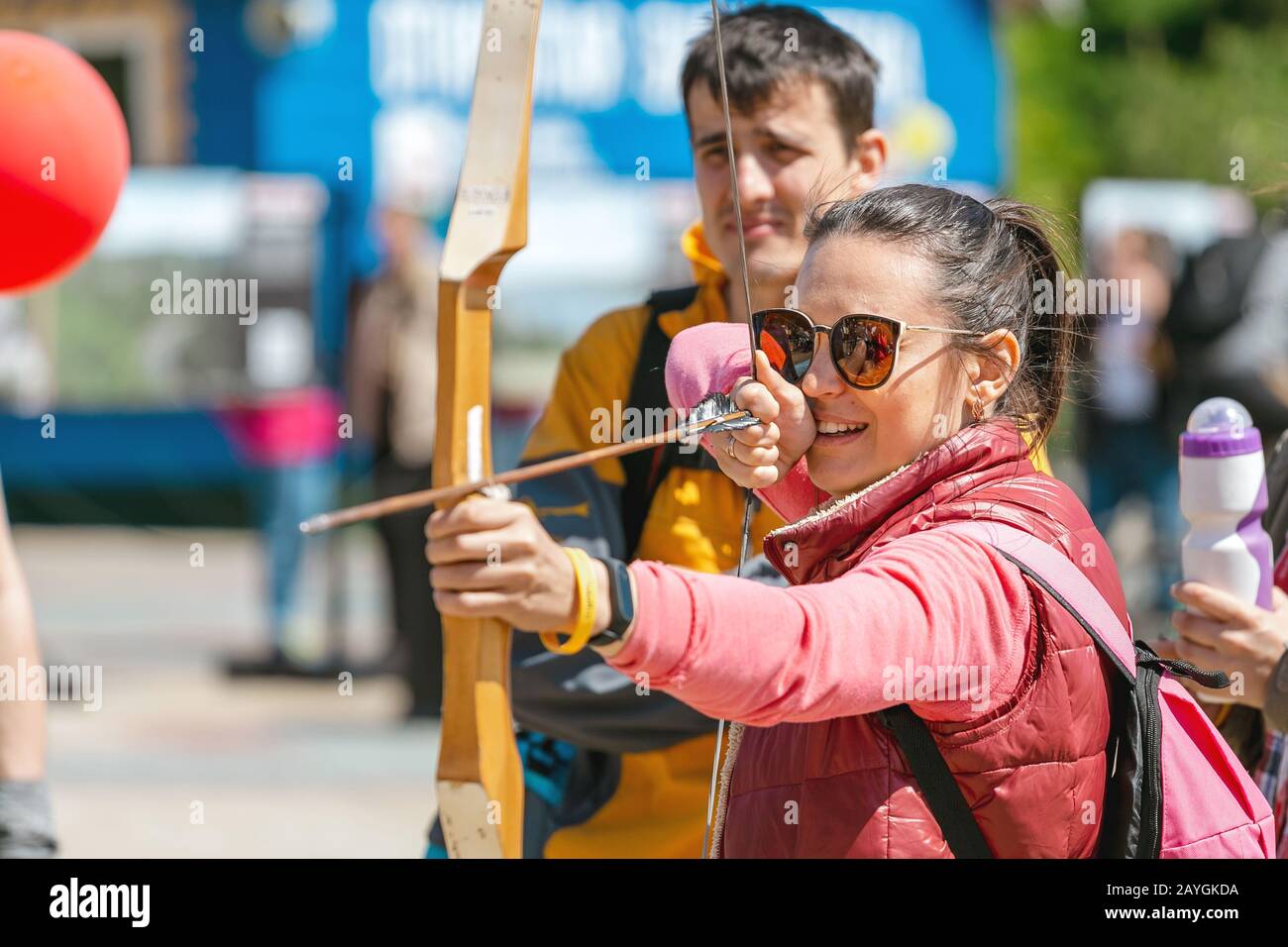 09 MAY 2018, UFA, RUSSIA: People having fun and training in archery ...
