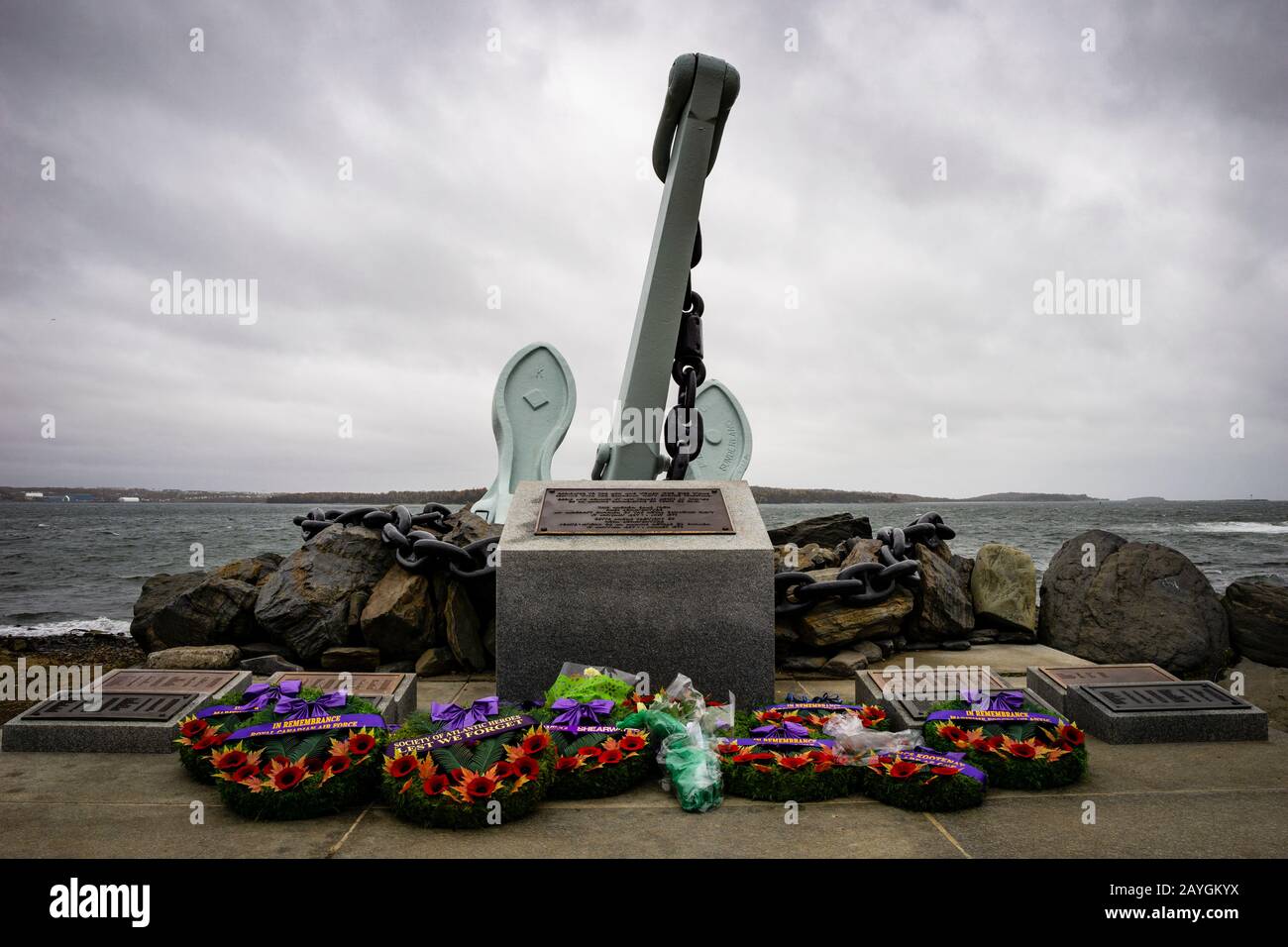 Wreaths laid around the Sailor's Memorial during ceremony to mark the ...