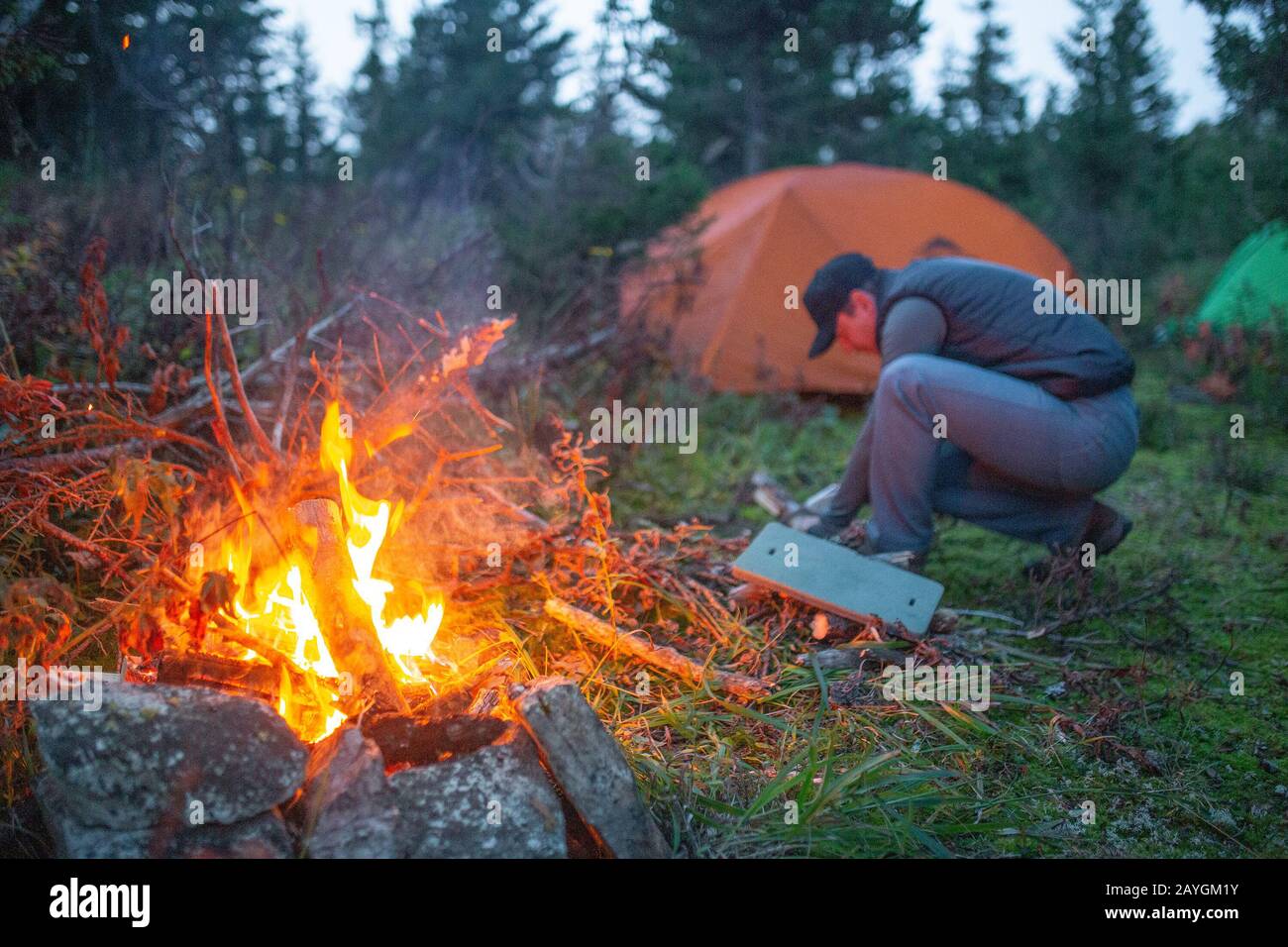 Summer night family campfire near tent hi-res stock photography and ...