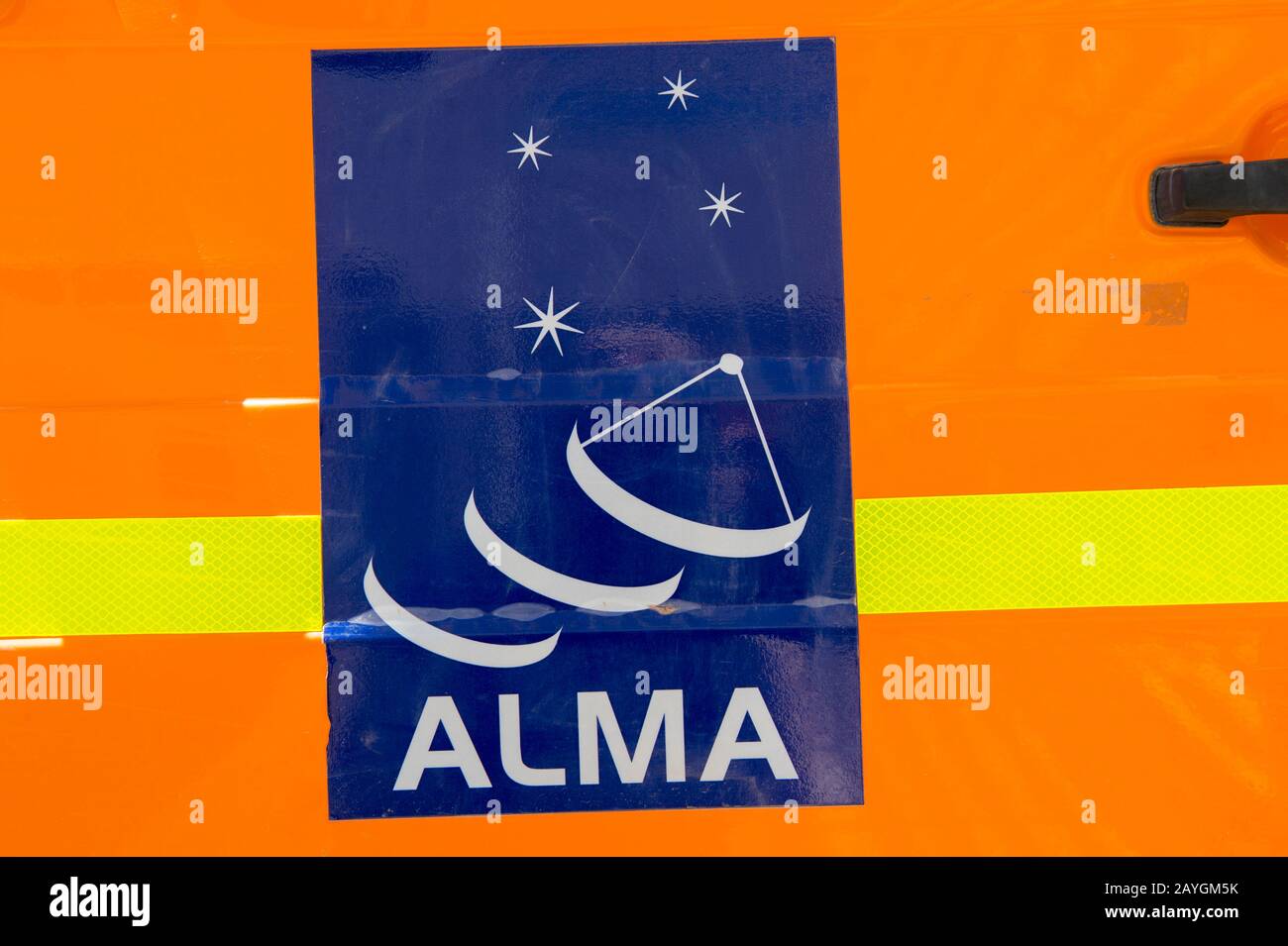 The ALMA symbol on one of the vehicles at the Atacama Large Millimeter ...