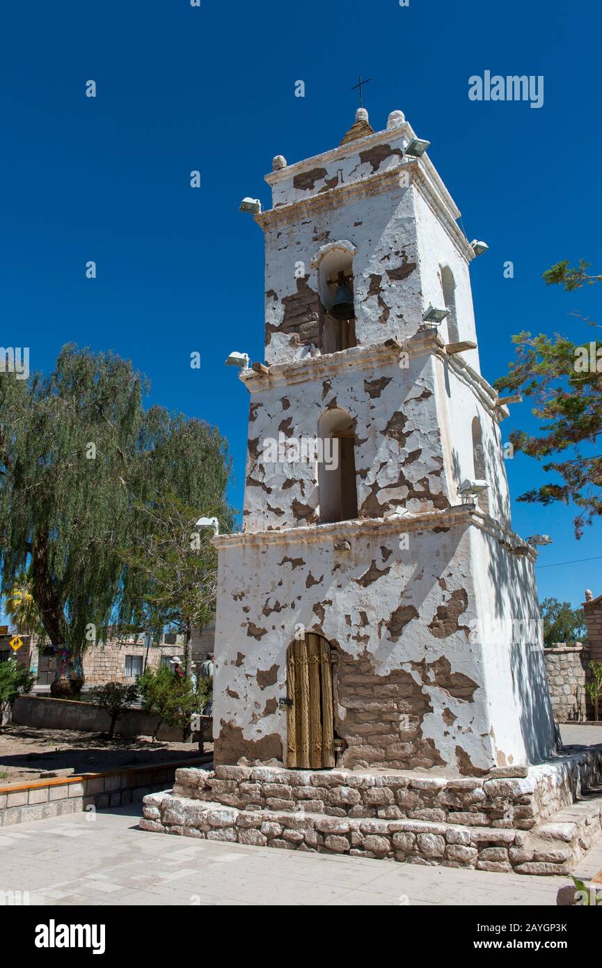 The bell tower of San Lucas in the oasis town of Toconao near San Pedro ...