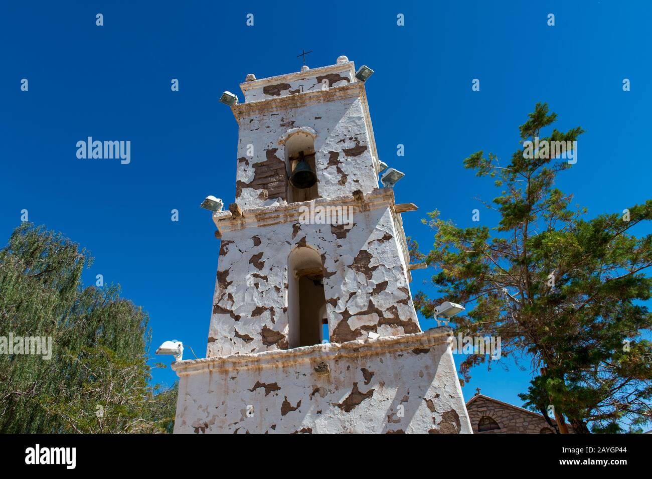 The bell tower of San Lucas in the oasis town of Toconao near San Pedro ...