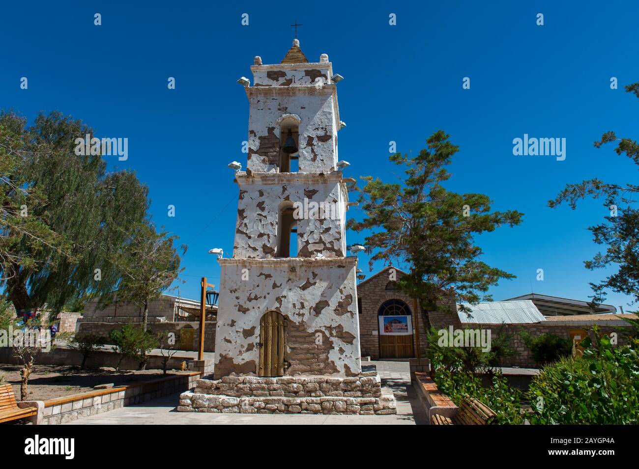The bell tower of San Lucas in the oasis town of Toconao near San Pedro ...