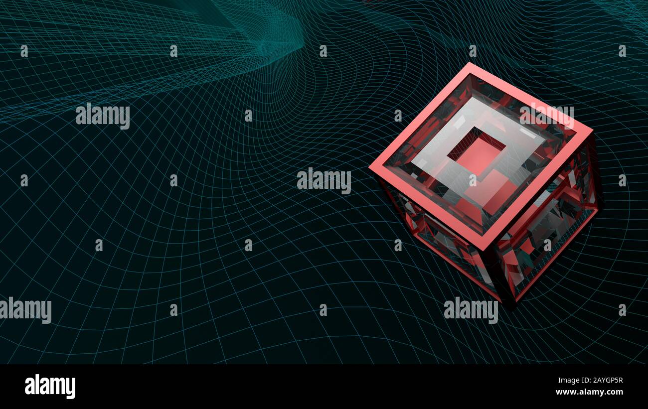 Cube with red structure and glass transparent faces rotating over a ...
