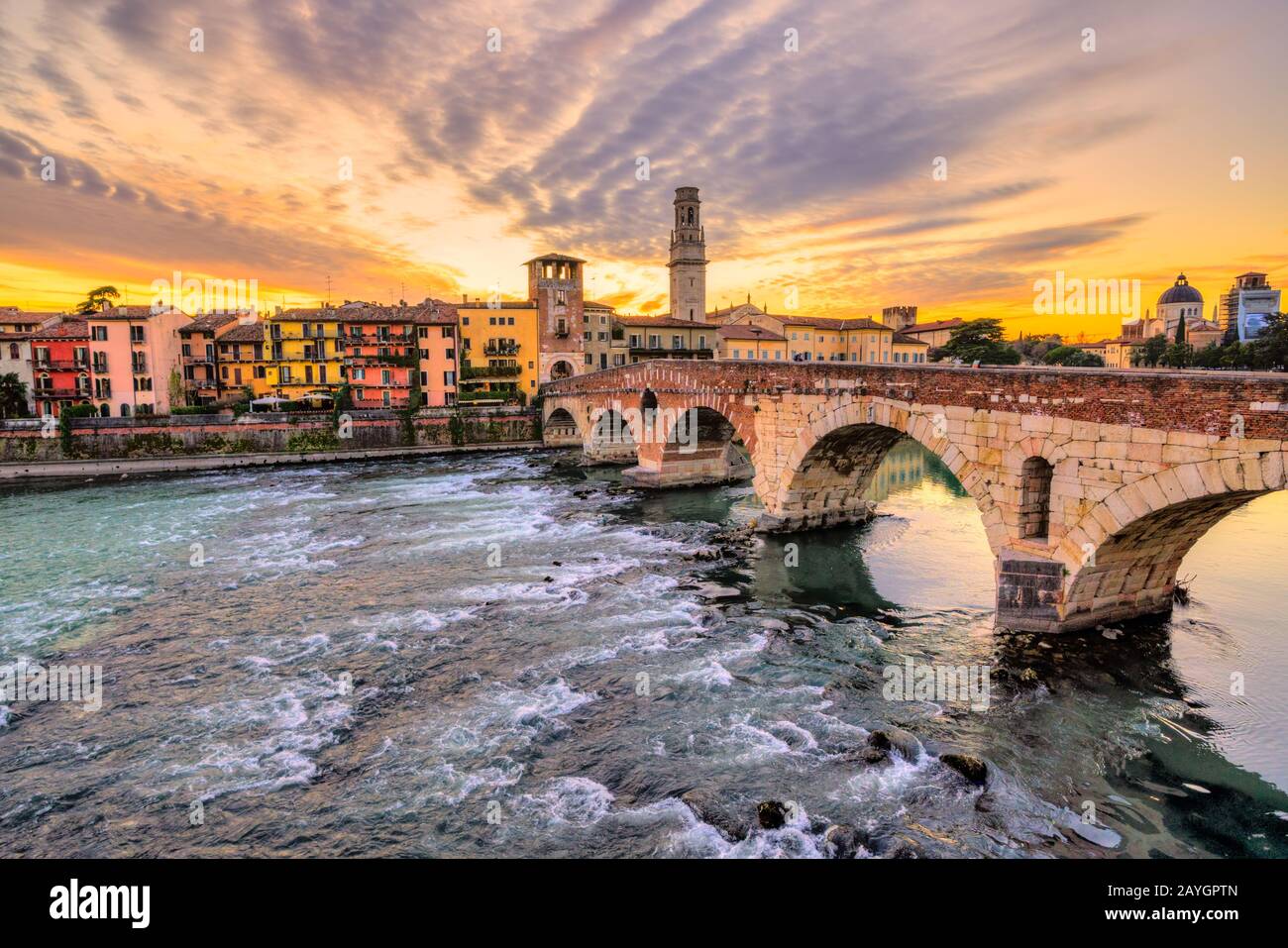 Verona, Italy. Scenery with Adige River and Ponte di Pietra, old roman ...