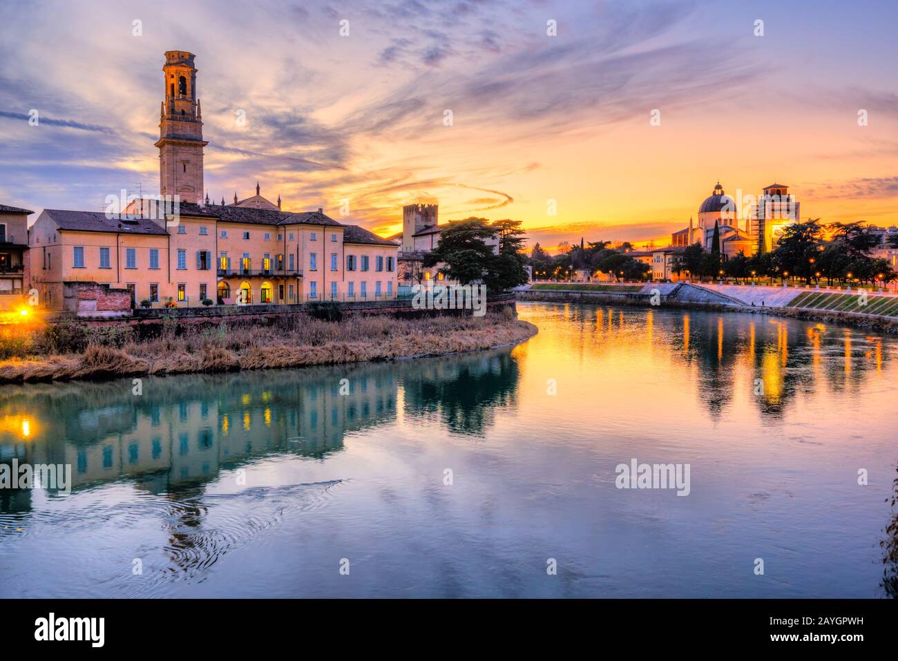 Verona, Italy. Scenery with Adige River and Ponte di Pietra, old roman ...