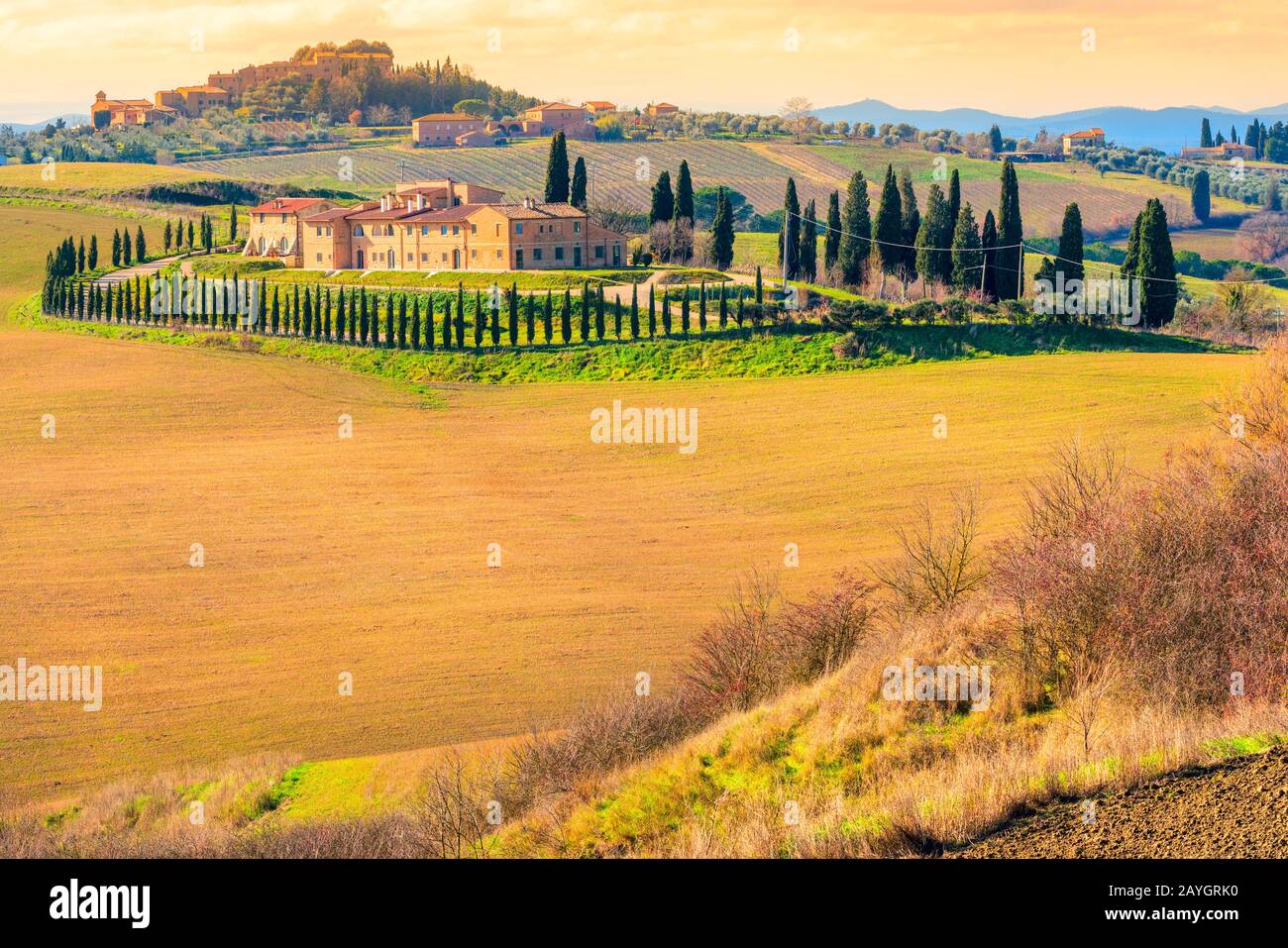 Tuscany, Crete Senesi rural sunset landscape. Countryside farm ...