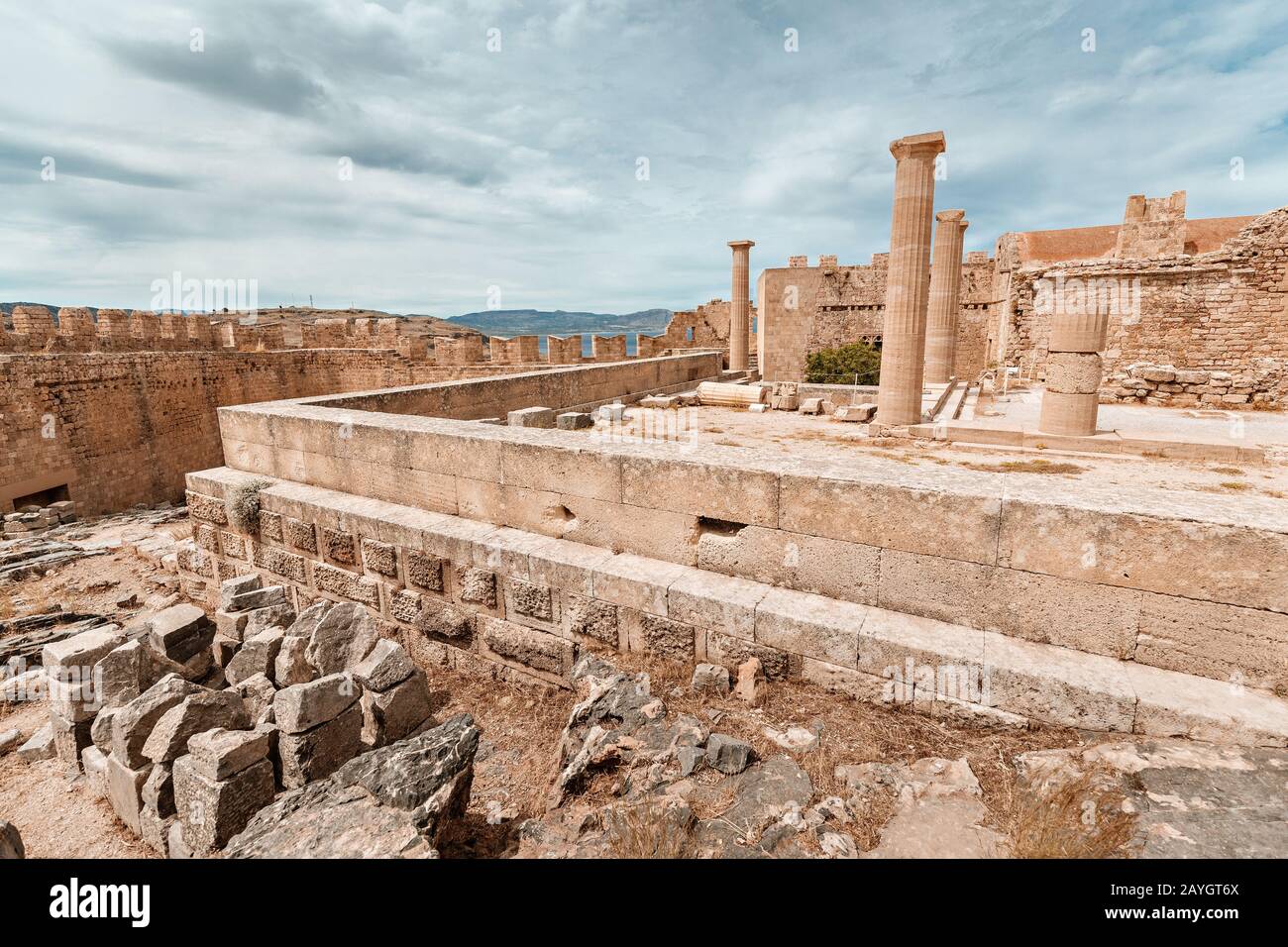 Famous tourist attraction - Acropolis of Lindos. Ancient architecture ...