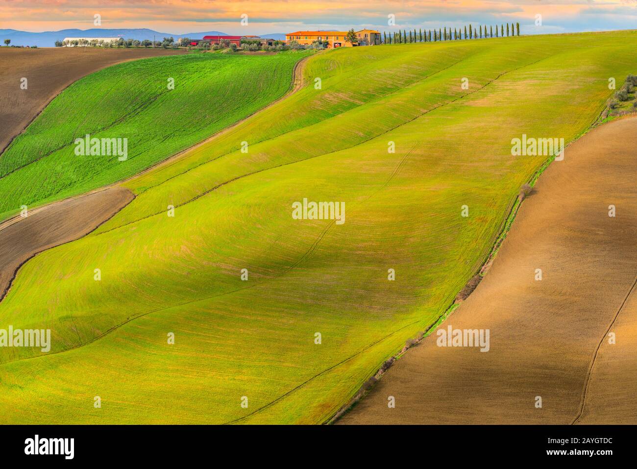 Tuscany, Crete Senesi rural sunset landscape. Countryside farm ...