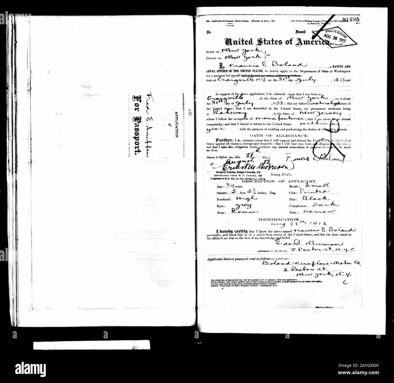 Francis Edward Boland (1873-1913) passport application from 29 Aug 1912 ...