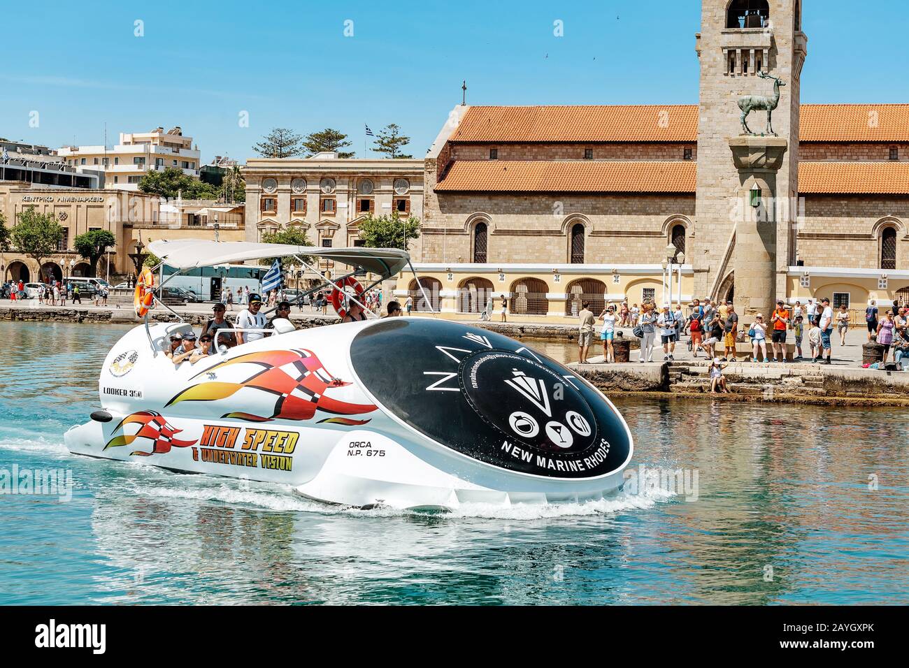 27 May 2019, Rhodes, Greece: speed boat with tourists in the port of ...