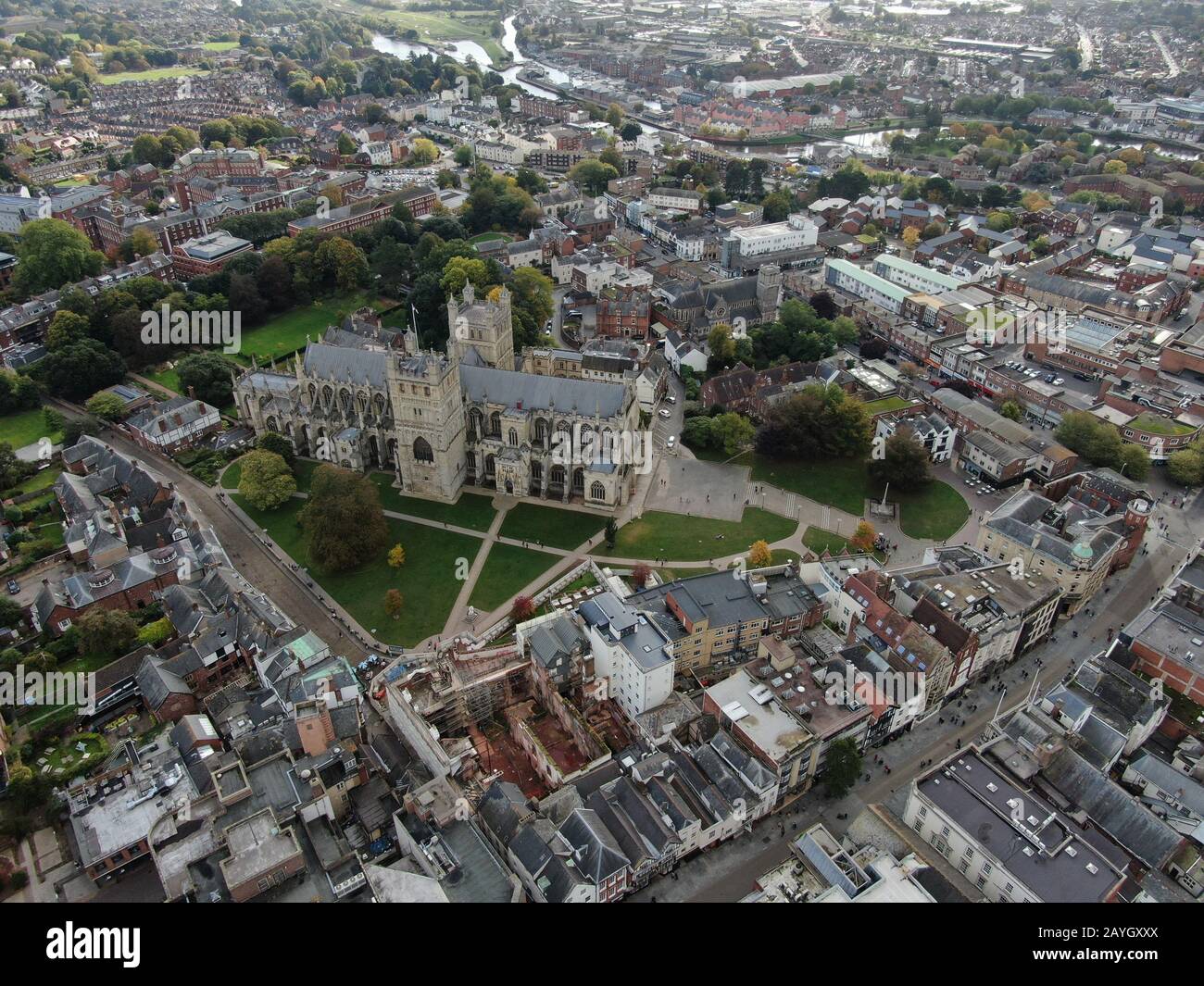 an aerial view of Exeter City centre , Devon , England, UK with Exeter ...
