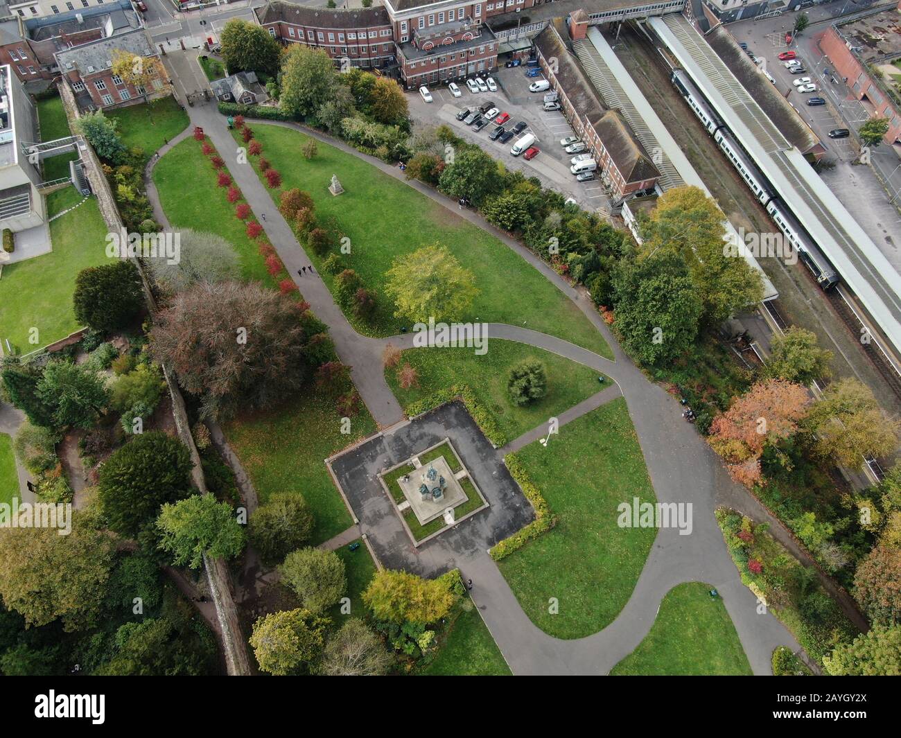 an aerial view of Exeter Central station with train , Devon , England ...