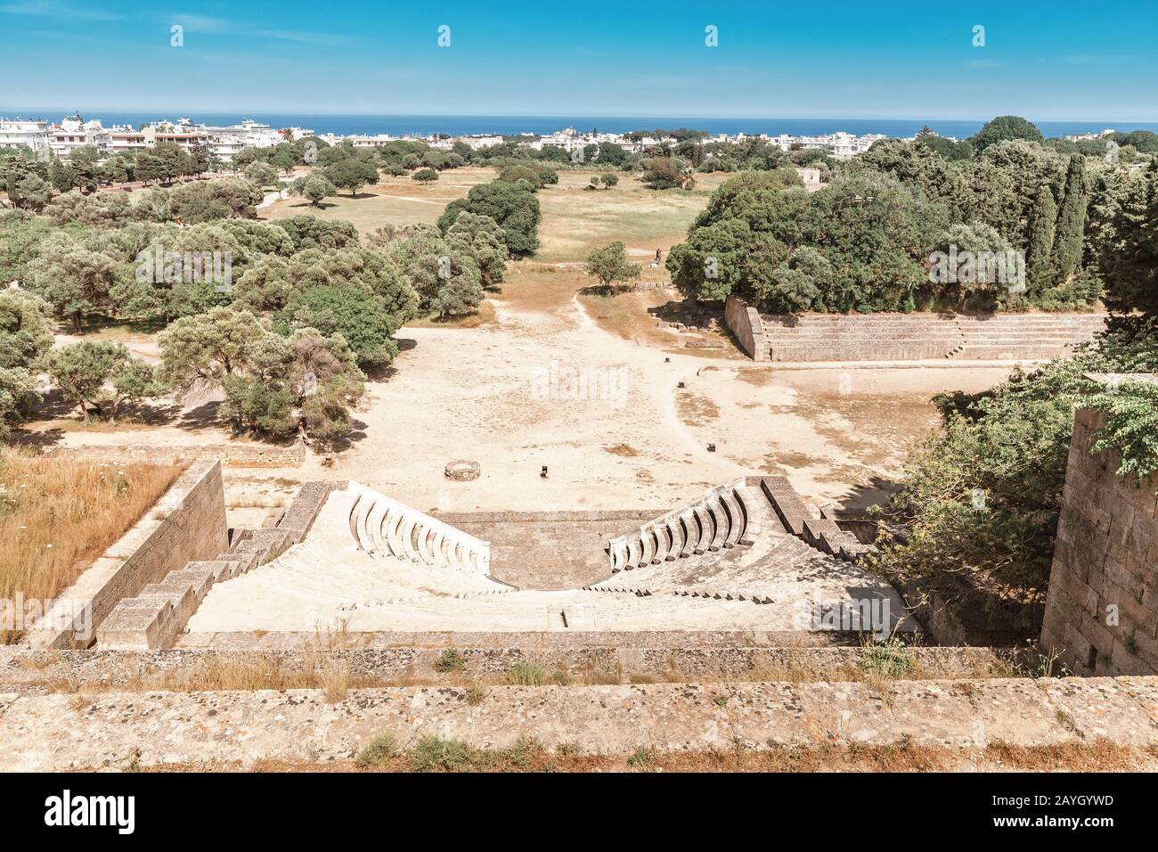 Aerial view of Old ruines of the amphitheatre of Rhodes, Greece Stock ...