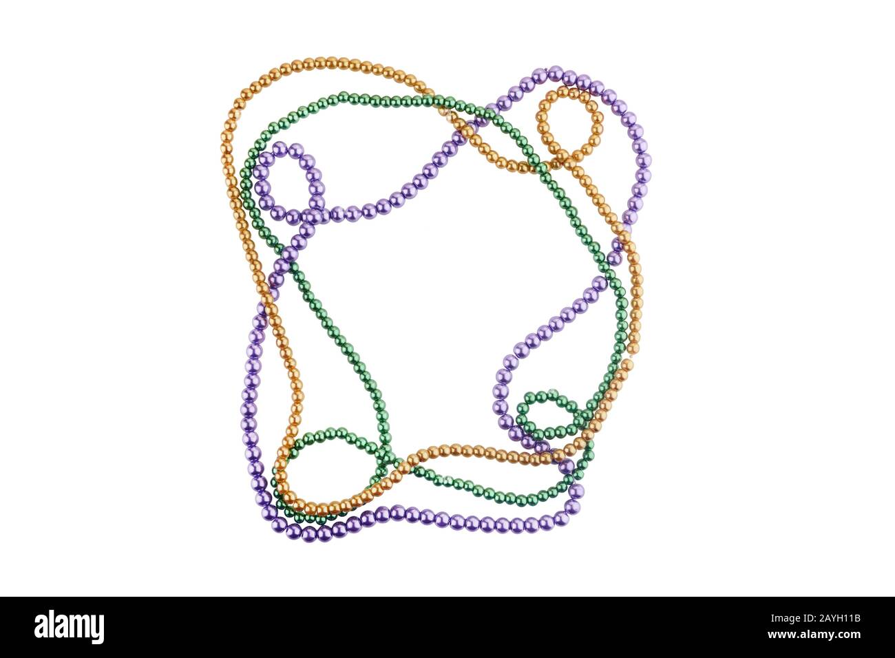 holiday or mardi gras beads making frame isolated on white background ...