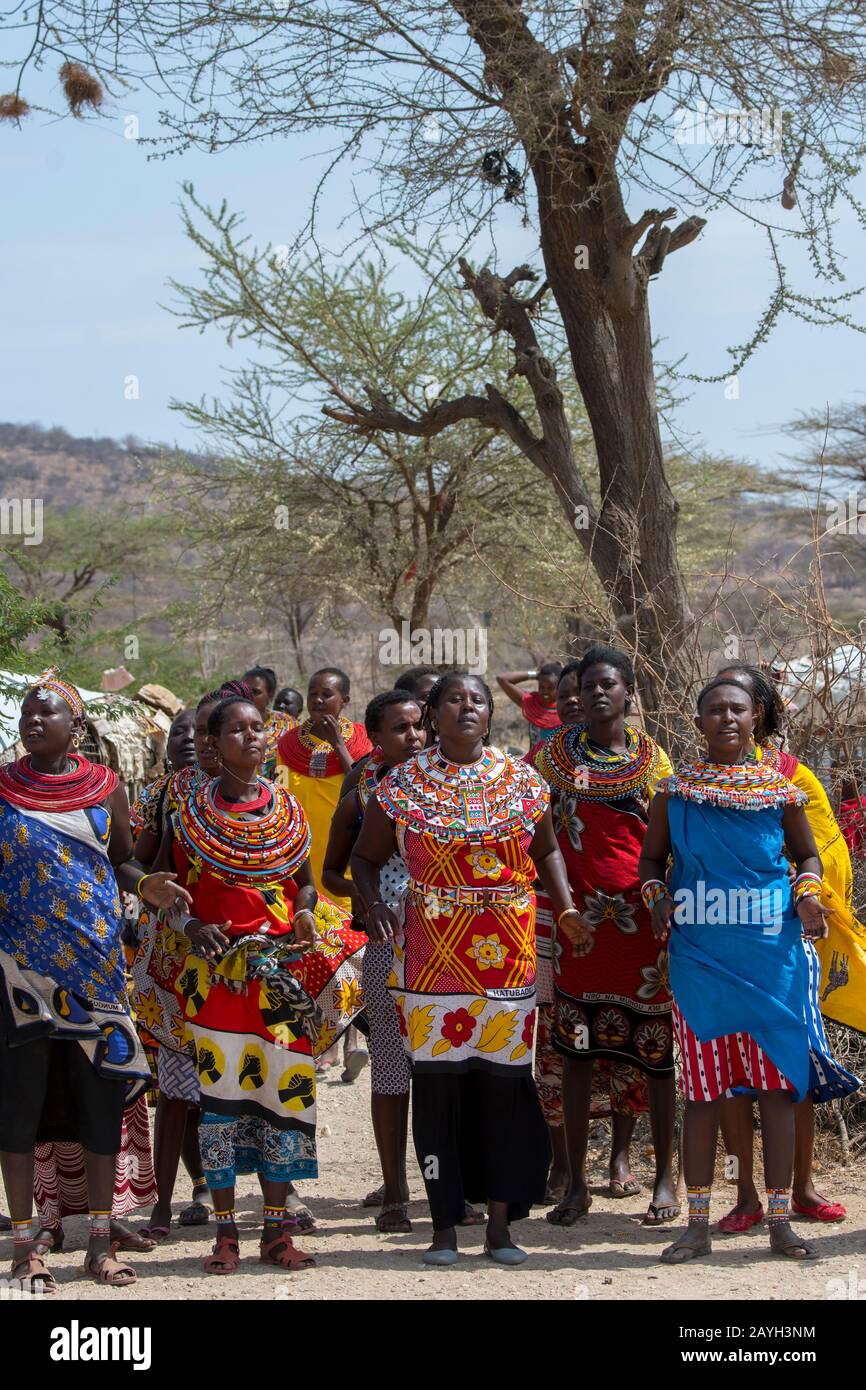 Samburu women performing a welcome dance at a Samburu village near ...