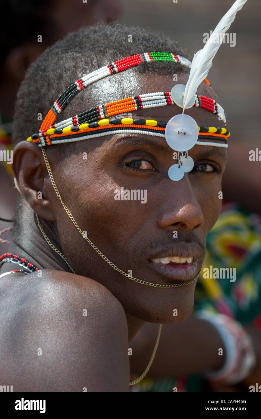 A portrait of a young Samburu man at a Samburu village near Samburu ...