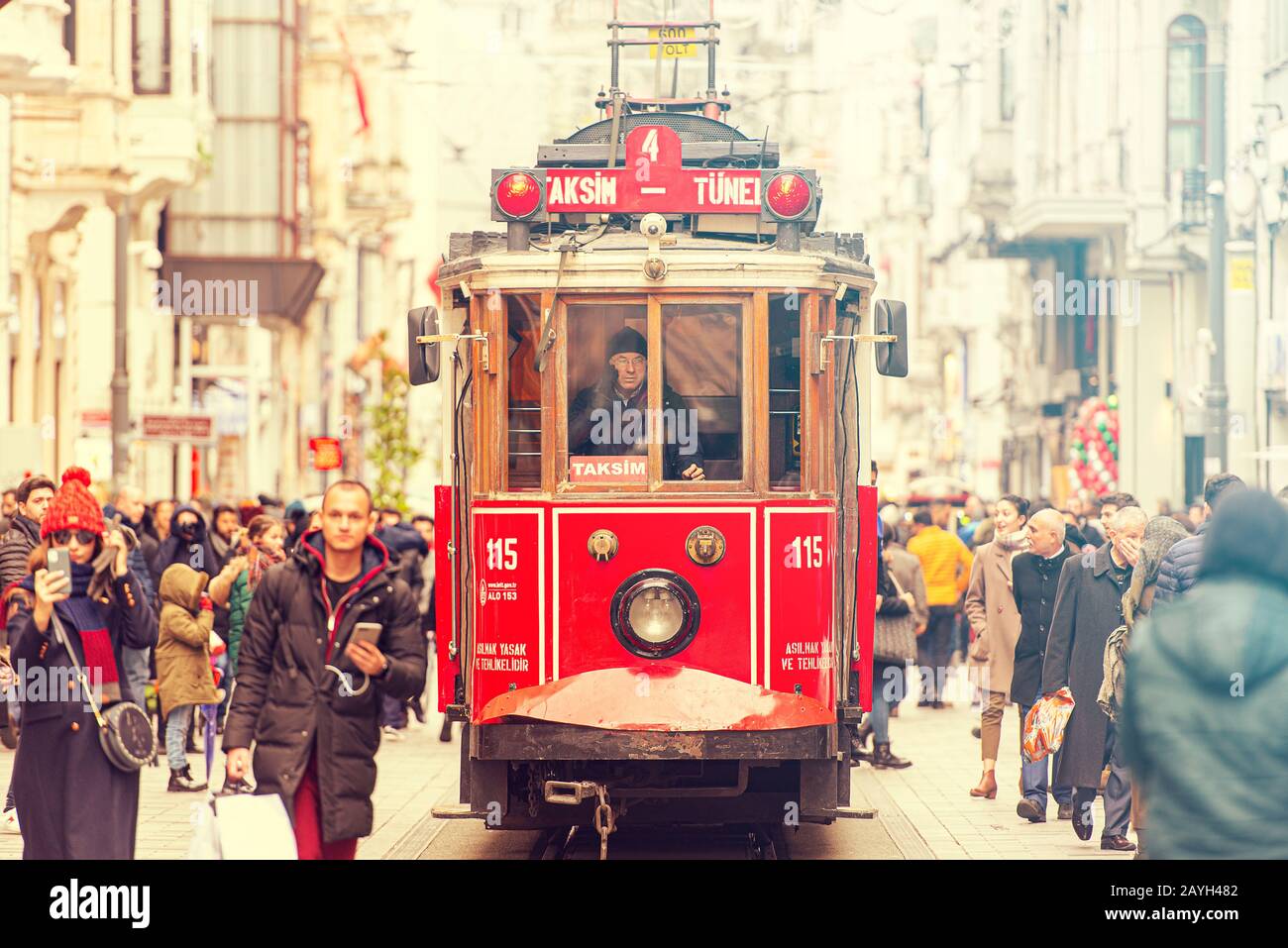 ISTANBUL - JAN 01: Famous retro red Tram on on Taksim Square and ...