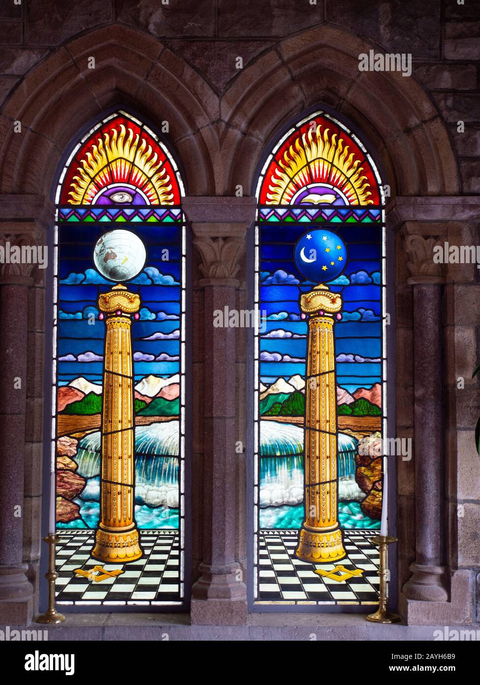 Stained Glass Windows In A Stone Building Stock Photo - Alamy