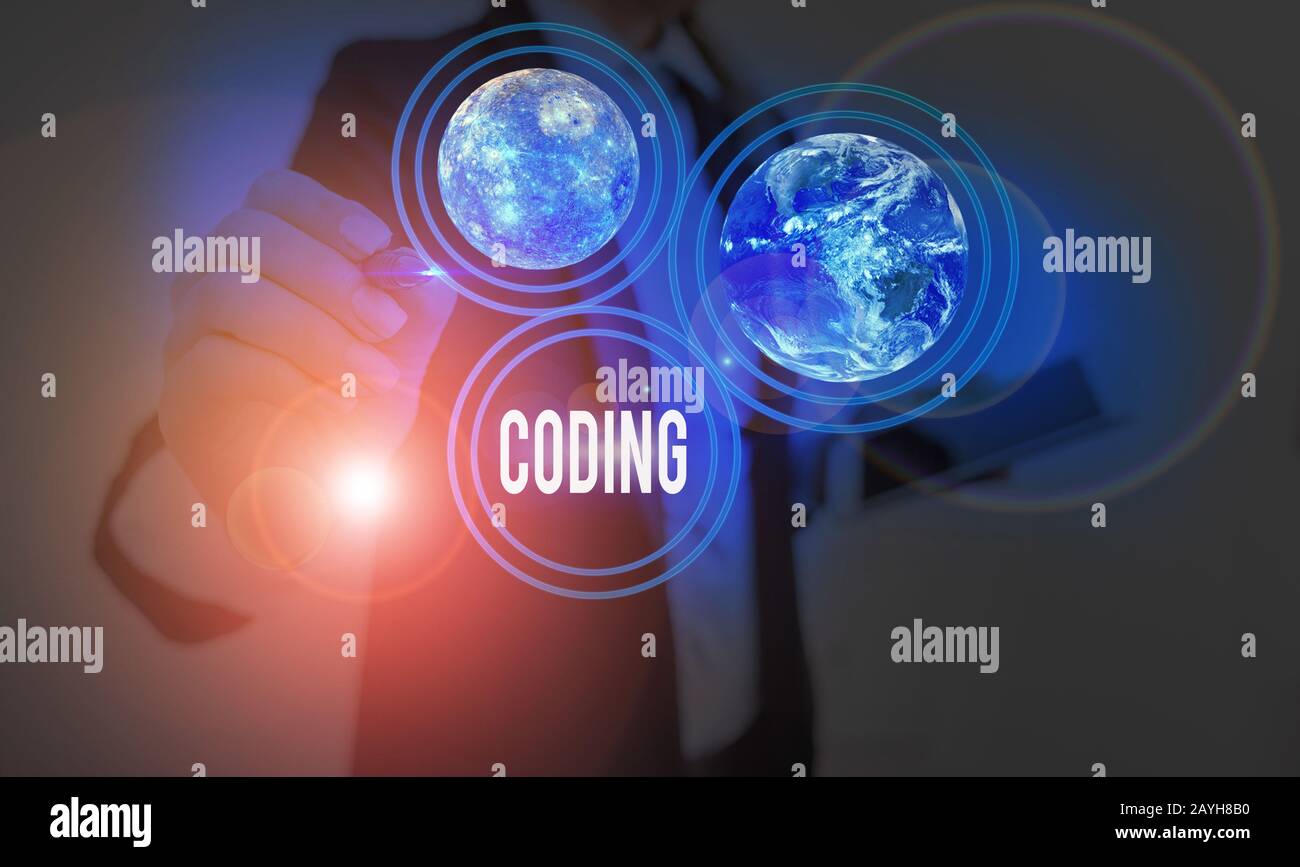 Text sign showing Coding. Business photo showcasing assigning code to something for ...