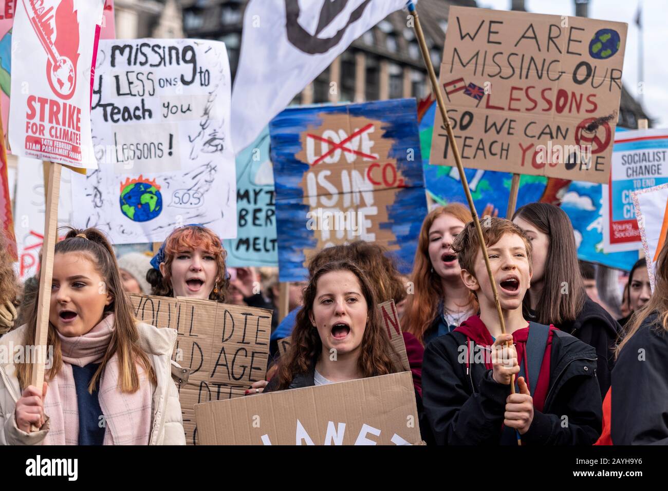 Youngsters at a Youth Strike 4 Climate protest in Parliament Square ...