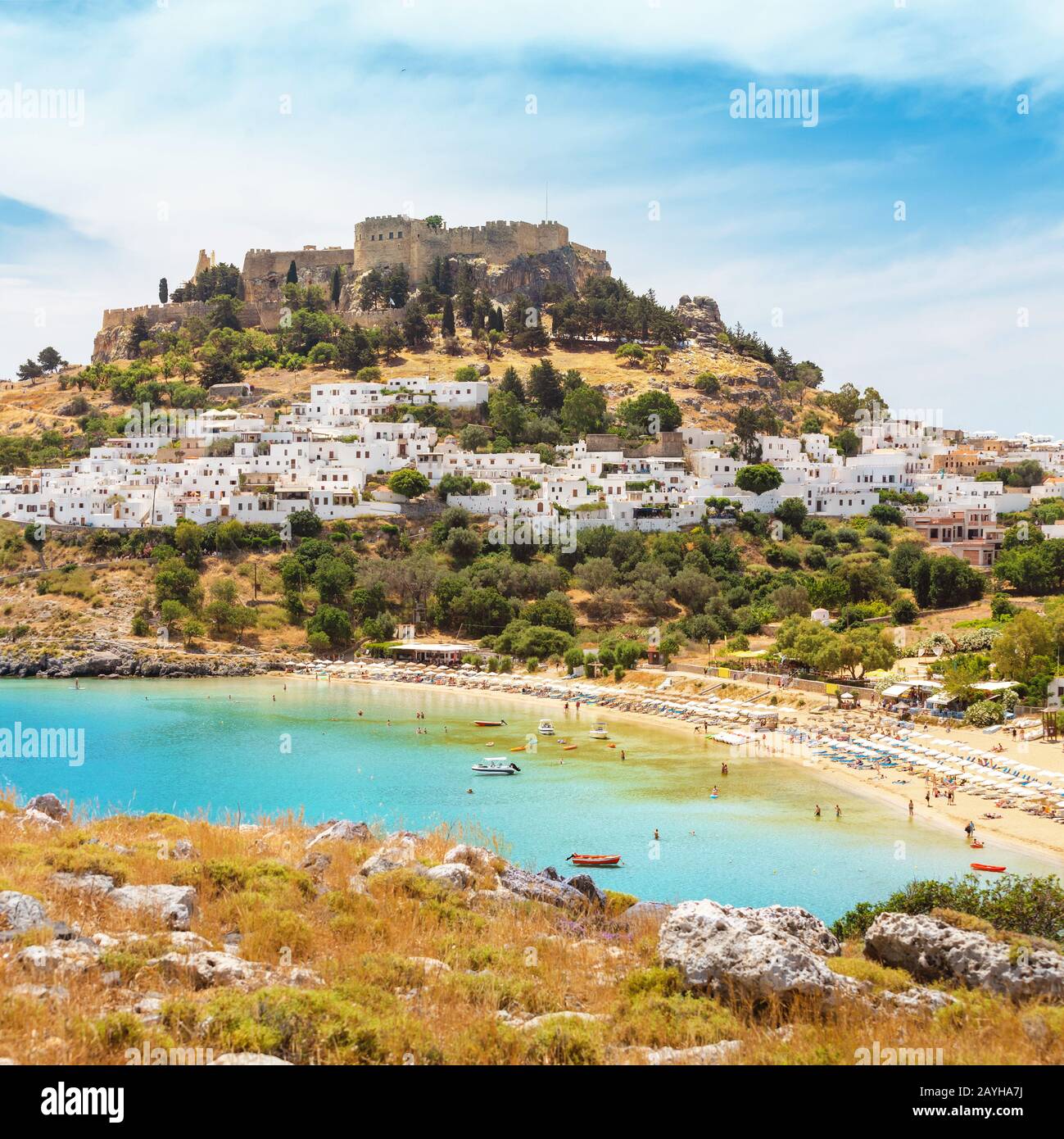 Famous tourist attraction and landmark - Lindos town landscape. Travel ...