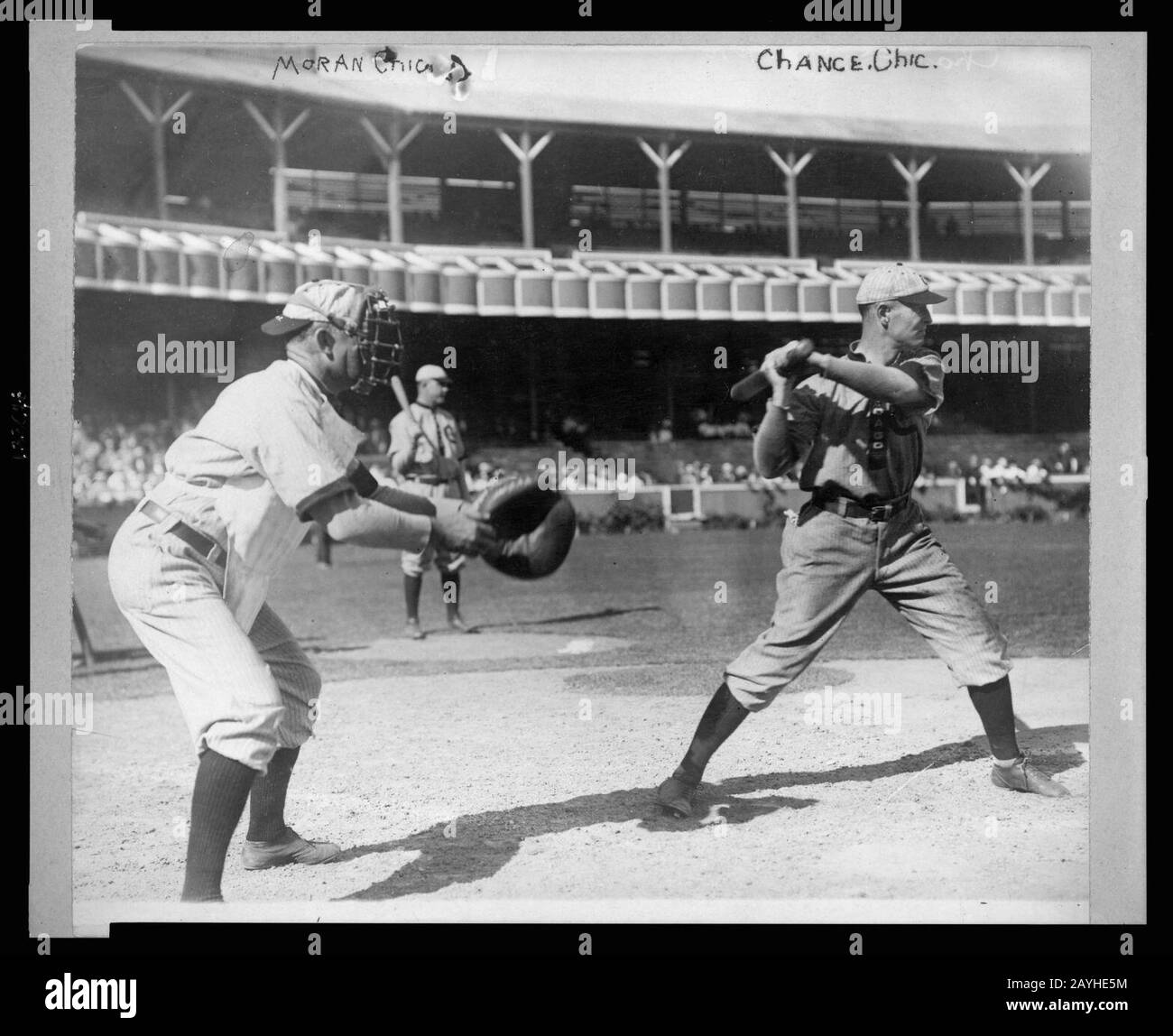 Frank Chance, Chicago NL baseball player, standing at home plate, with ...