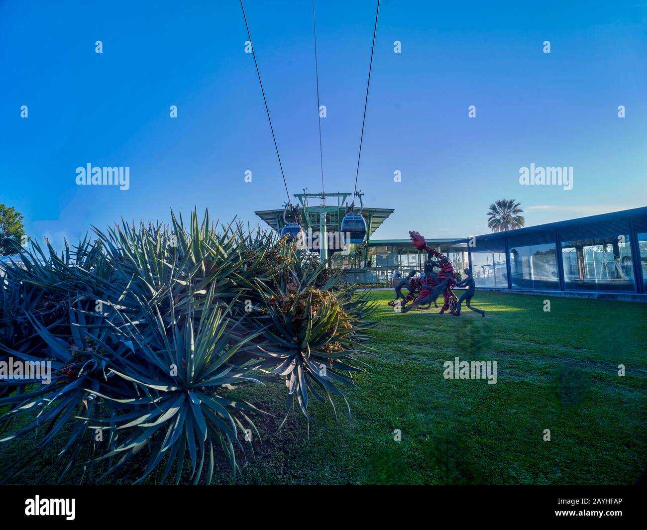 View towards the cable car station in Funchal, on the holiday island of ...