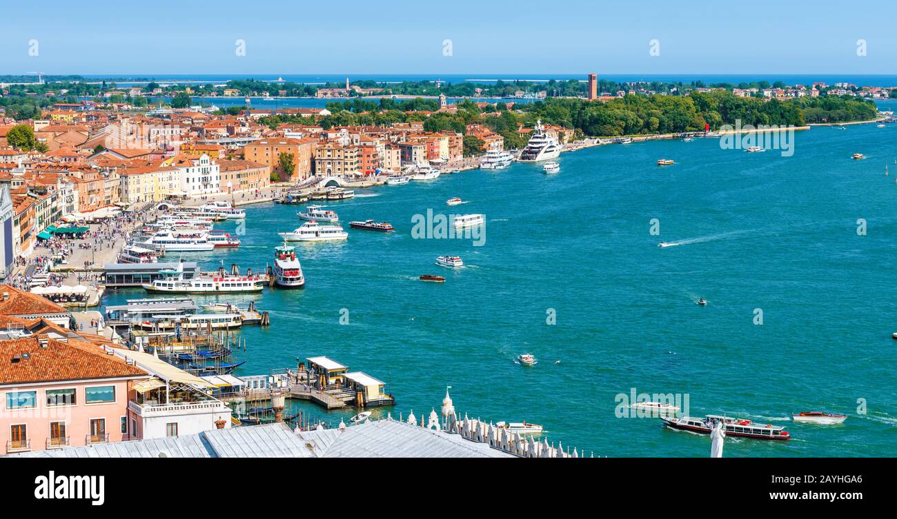 Venice skyline, Italy. Aerial view of main embankment of Venice ...