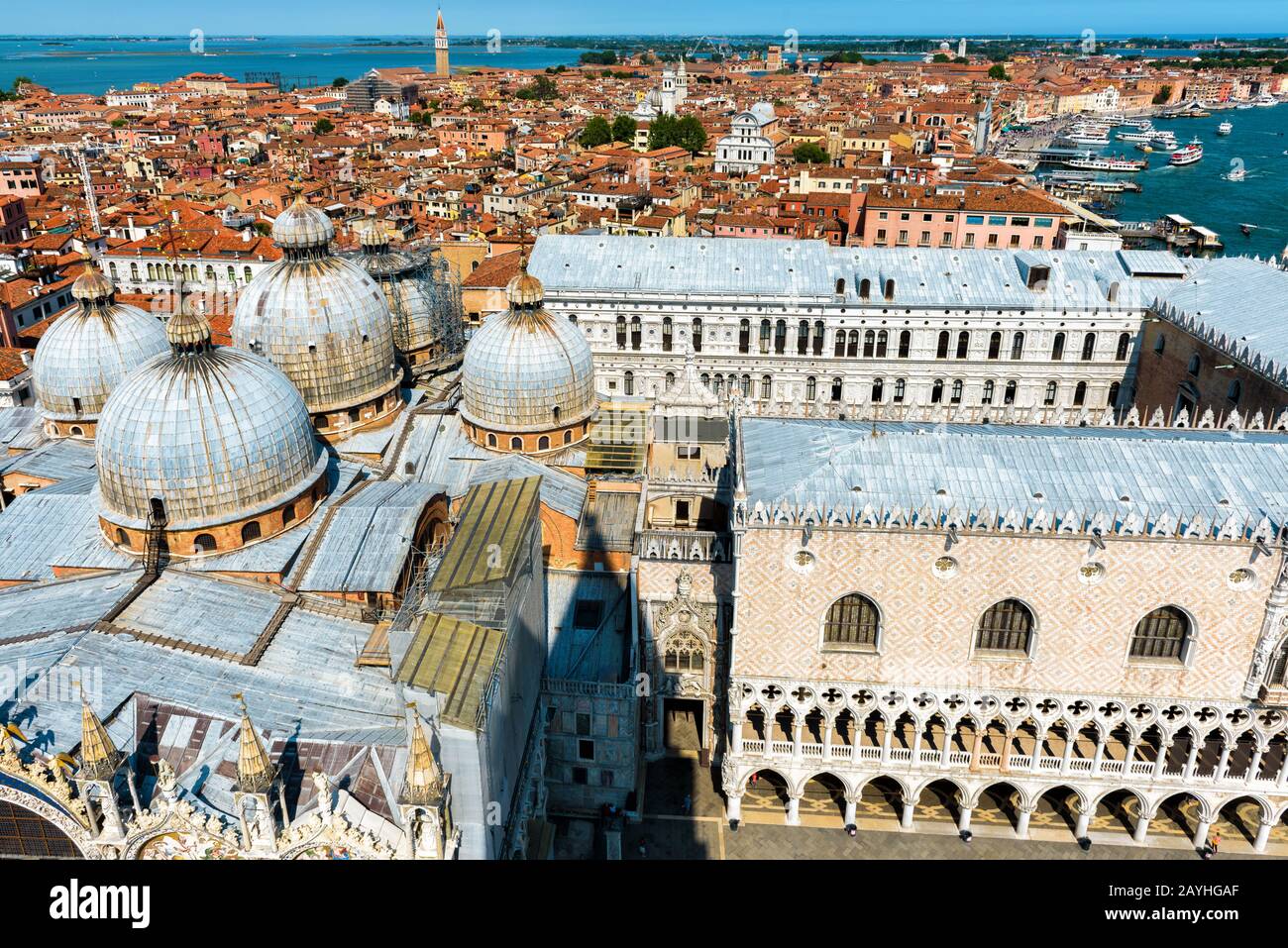 Aerial view of Venice, Italy. Domes of St Mark`s Basilica and Doge`s ...