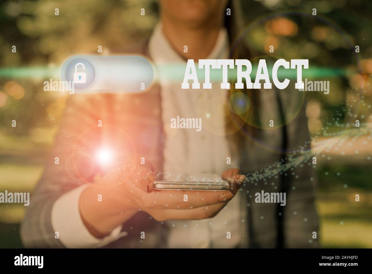 Text sign showing Attract. Business photo showcasing to draw by a ...