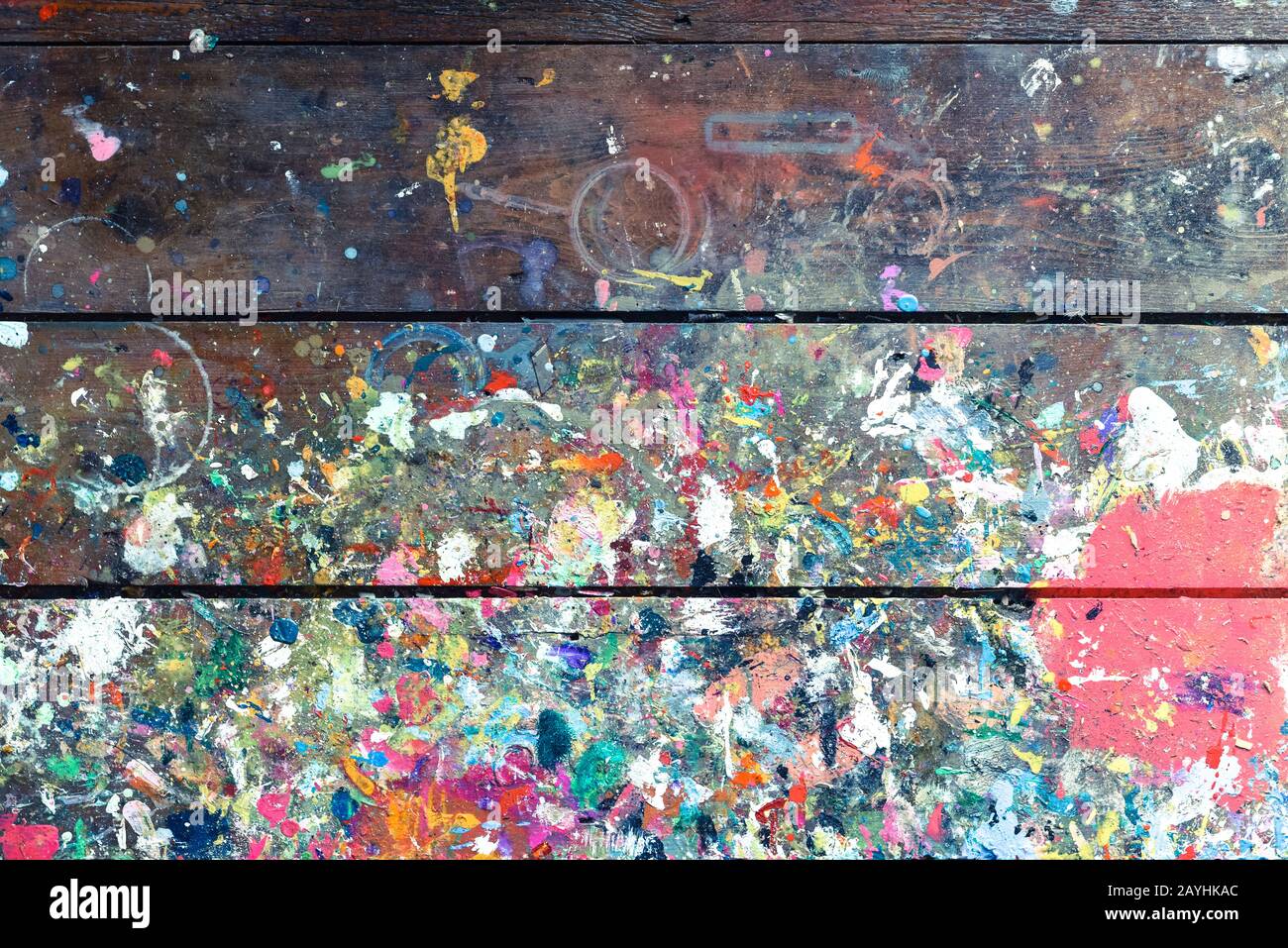 Artists workshop or studio bench covered with splattered paint built up ...