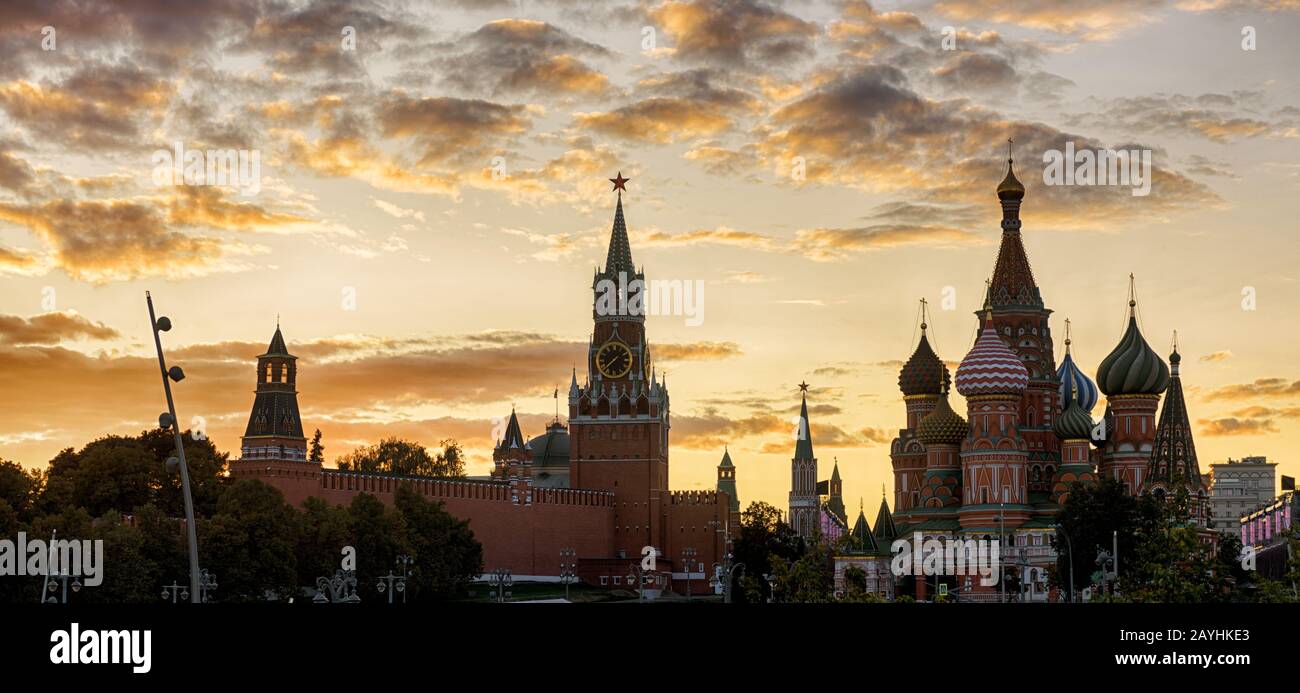 Moscow Kremlin and St Basil's Cathedral at sunset, Russia. It is the ...