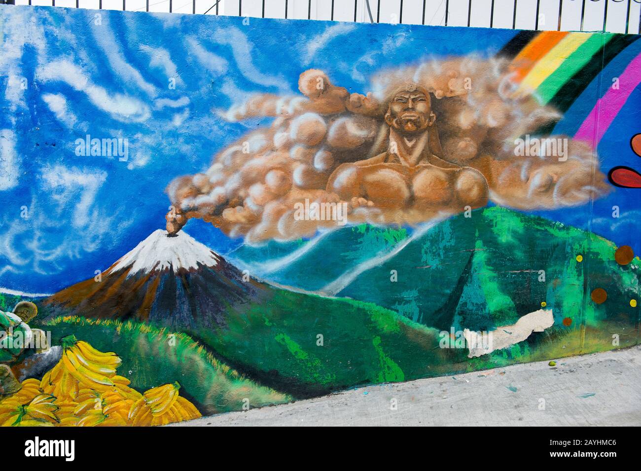 A wall painted by students with colorful murals in Quito, Ecuador Stock ...
