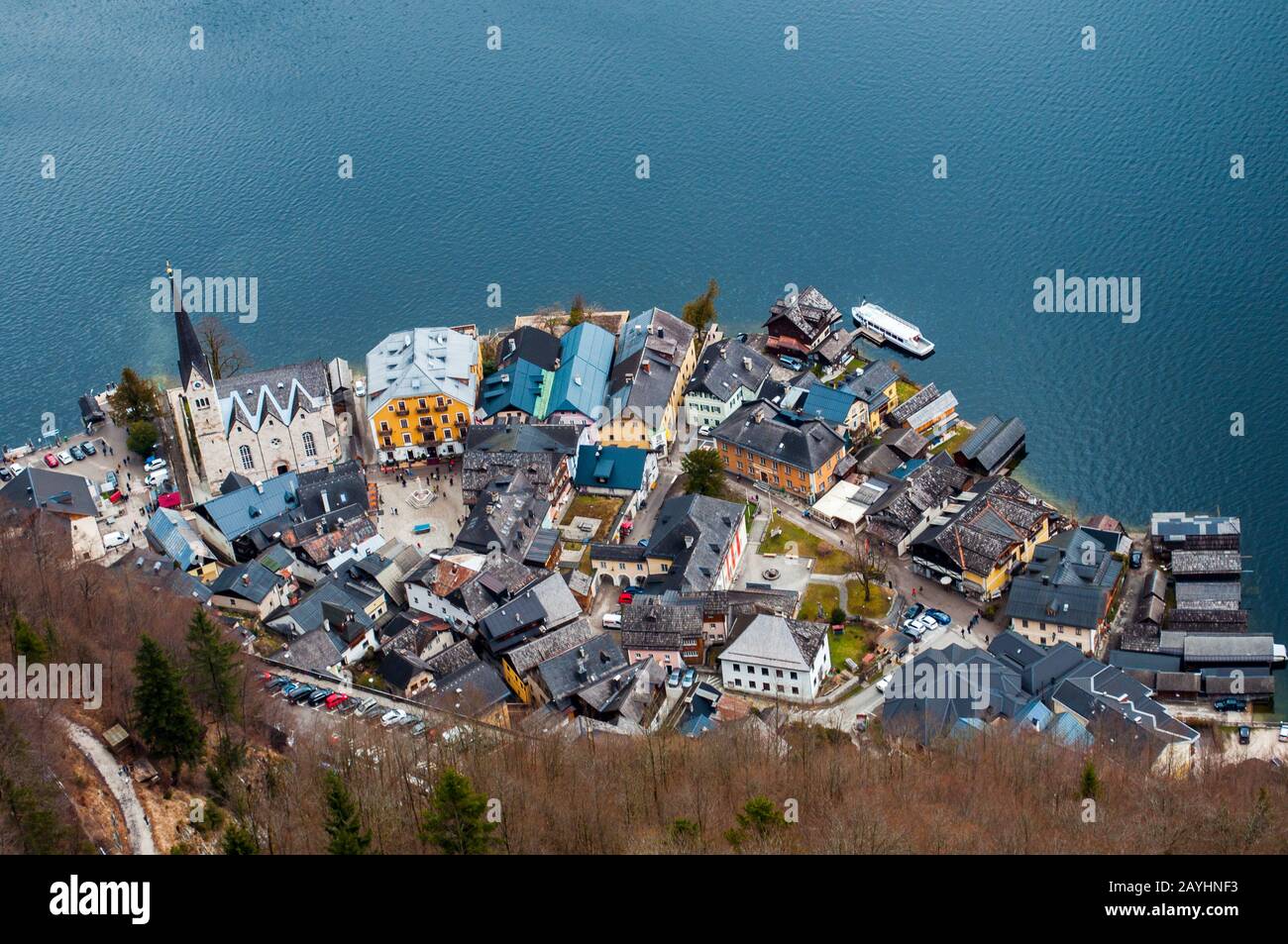 Hallstatt city center view from the mountain Stock Photo - Alamy