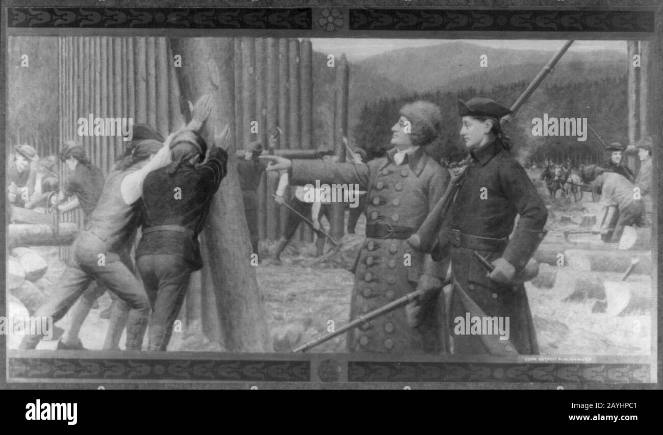 Franklin directing the building of stockade fort Stock Photo - Alamy