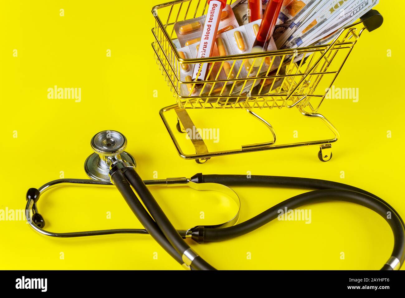 Grocery cart with COVID 2019. Corona virus outbreaking medicines ...