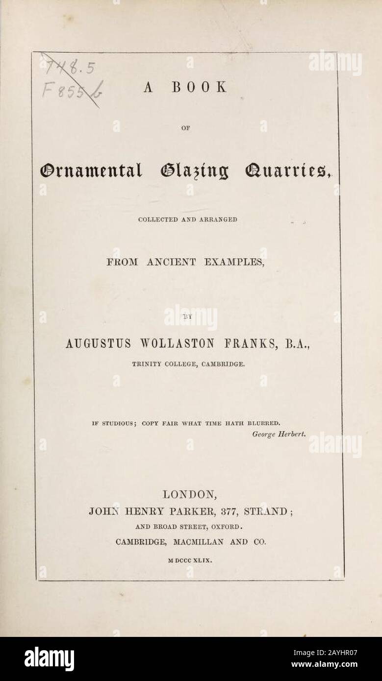 Franks - book of ornamental glazing quarries - titel - 1849 Stock Photo ...