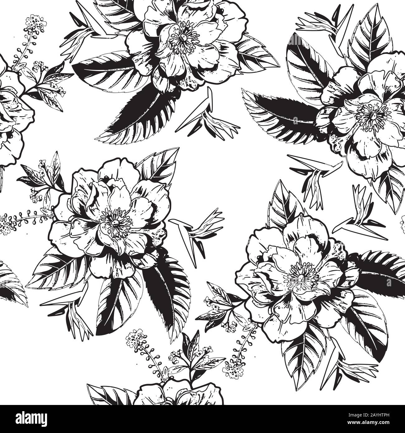 beautiful flower and branches hand draw illustration seamless pattern ...
