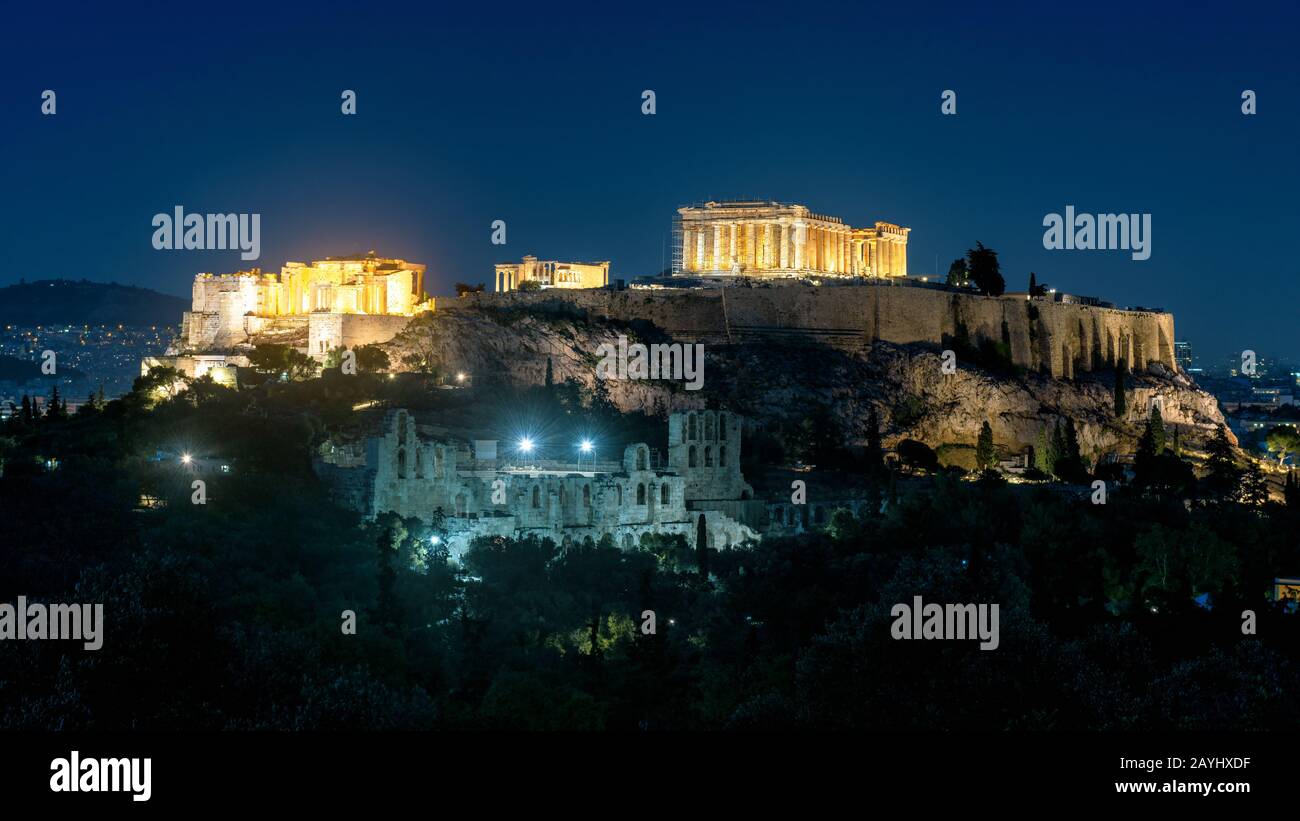 Acropolis of Athens at night, Greece. It is a top landmark of Athens ...